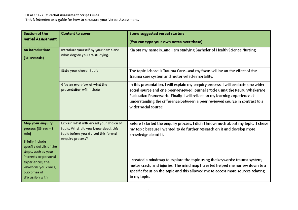 HEAL506 - KEC S2 2022 Verbal Assessment Script Guide -1 - This is ...