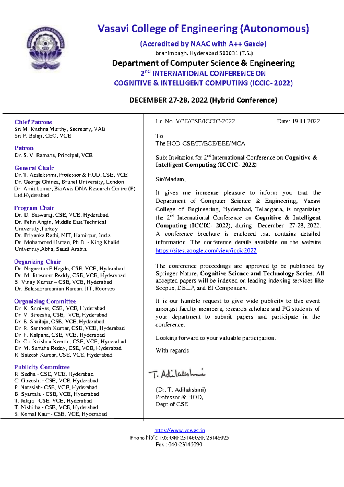 Iccic Invitation Letter - Vasavi College of Engineering (Autonomous ...