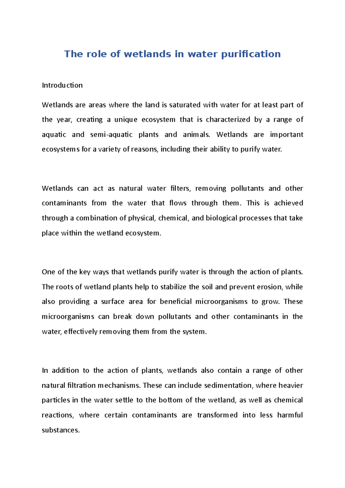 The role of wetlands in water purification - The role of wetlands in ...