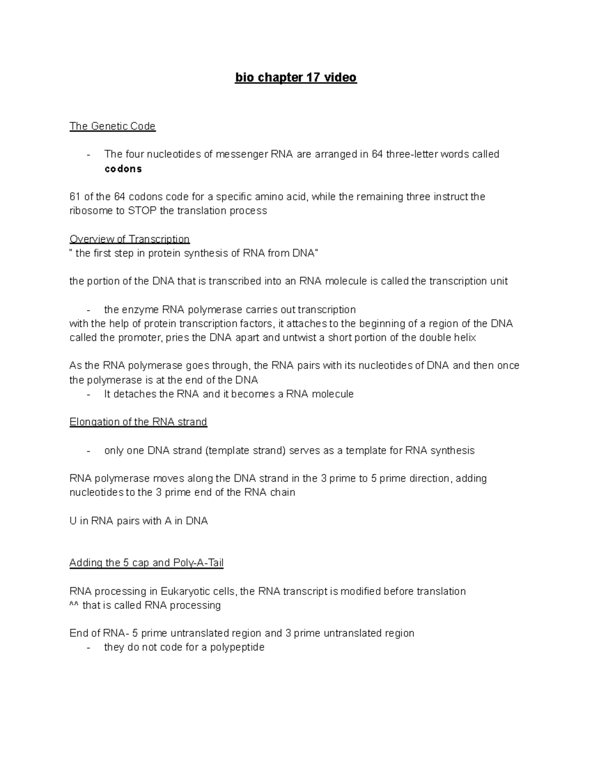 Bio 17 videos - Notes - bio chapter 17 video The Genetic Code - The ...
