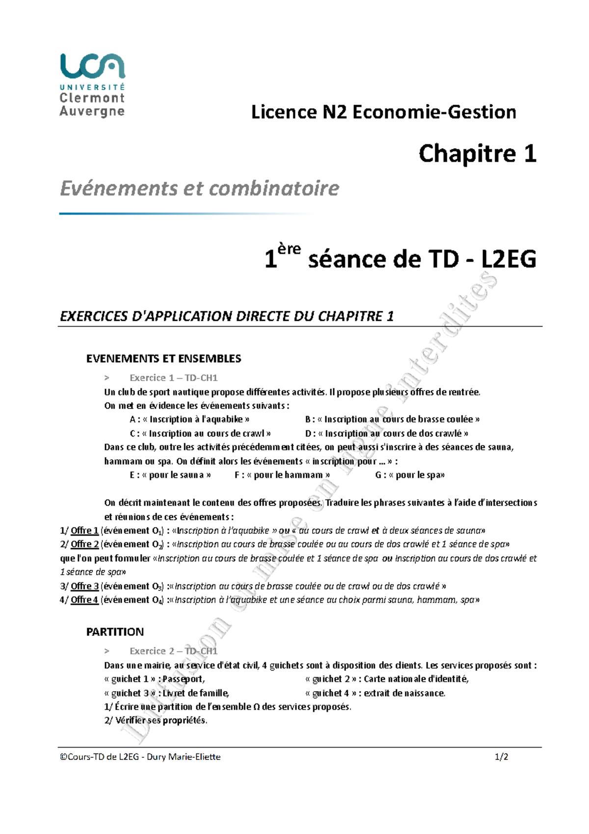 TD n°1 Ch1 Proba - ©Cours-TD de L2EG - Dury Marie-Eliette 1/ Licence N2 ...
