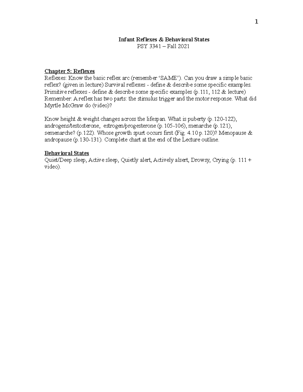 3341 Infant Reflexes, Growth patterns, Behavioral States Stdy Gd ...