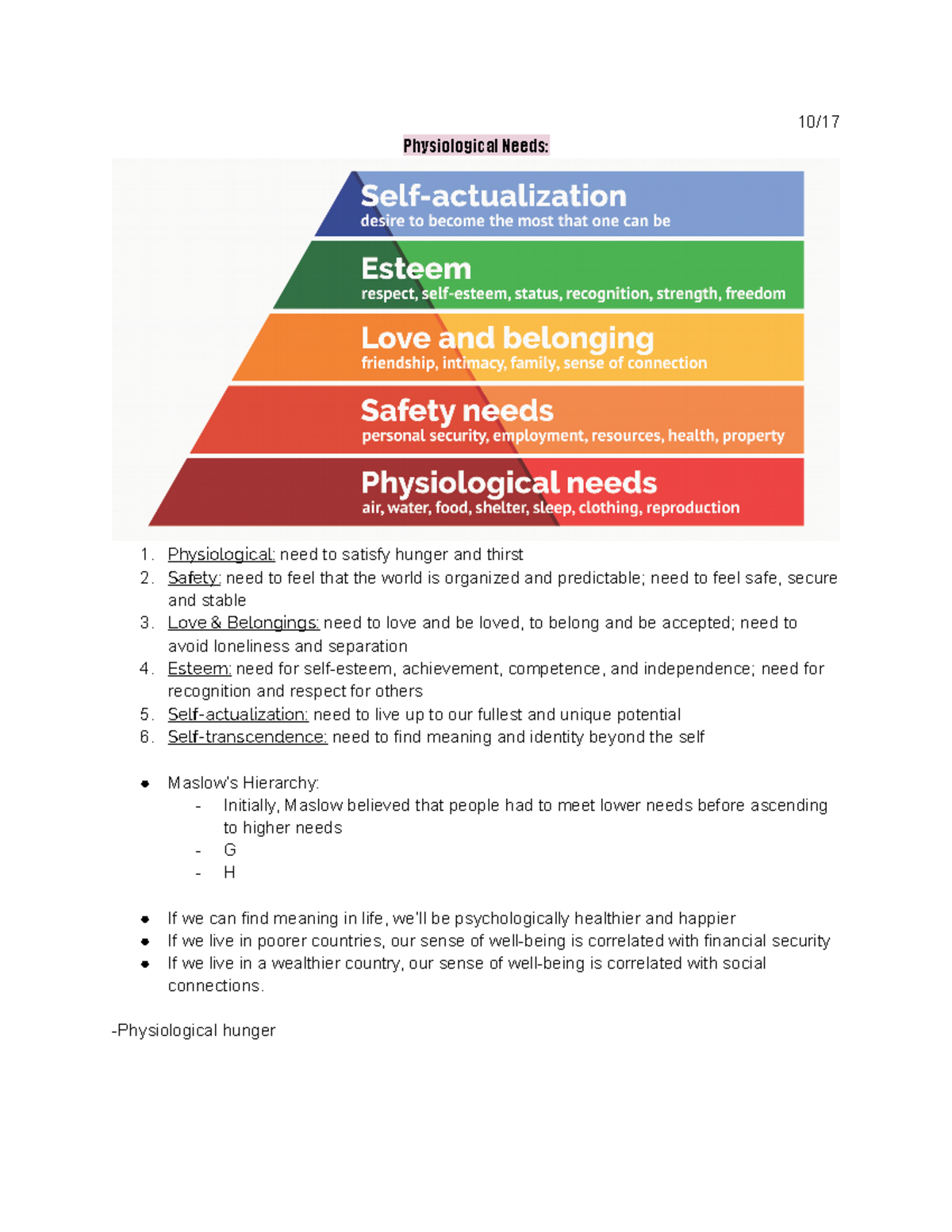 Gen.Psych 10 17 - Physiological Needs - 10/ Physiological Needs ...