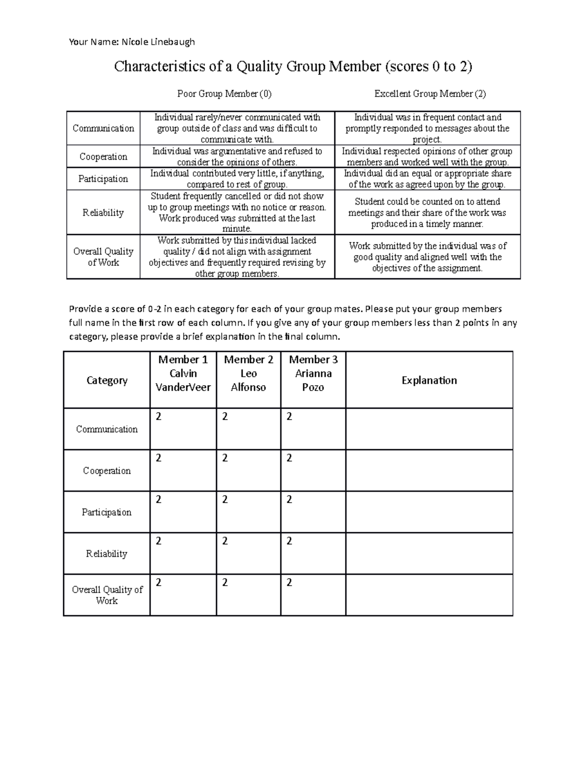 SS Group Peer Review - Notation of peer work and their ratings. - Your ...