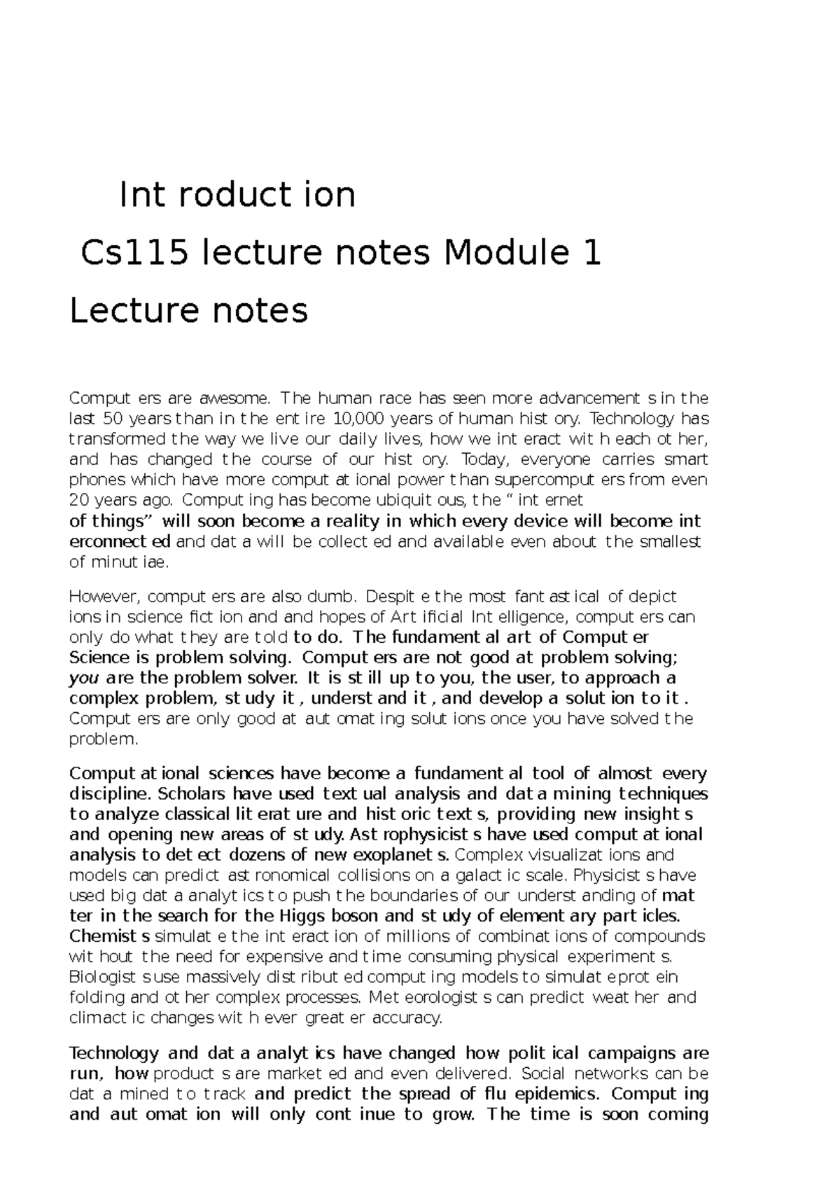 Cs115 Lecture Notes Module 1 2 Int Roduct Ion Cs115 Lecture Notes Module 1 Lecture Notes