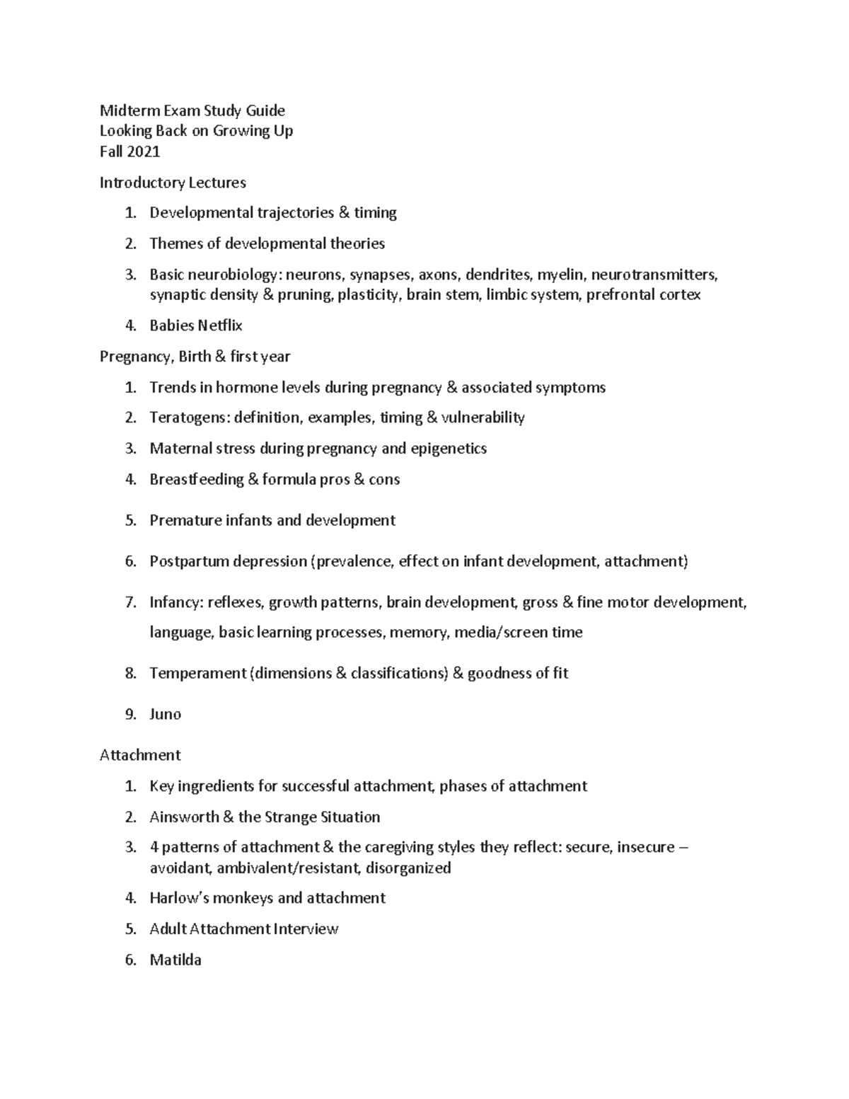 midterm review sheet - Midterm Exam Study Guide Looking Back on Growing ...
