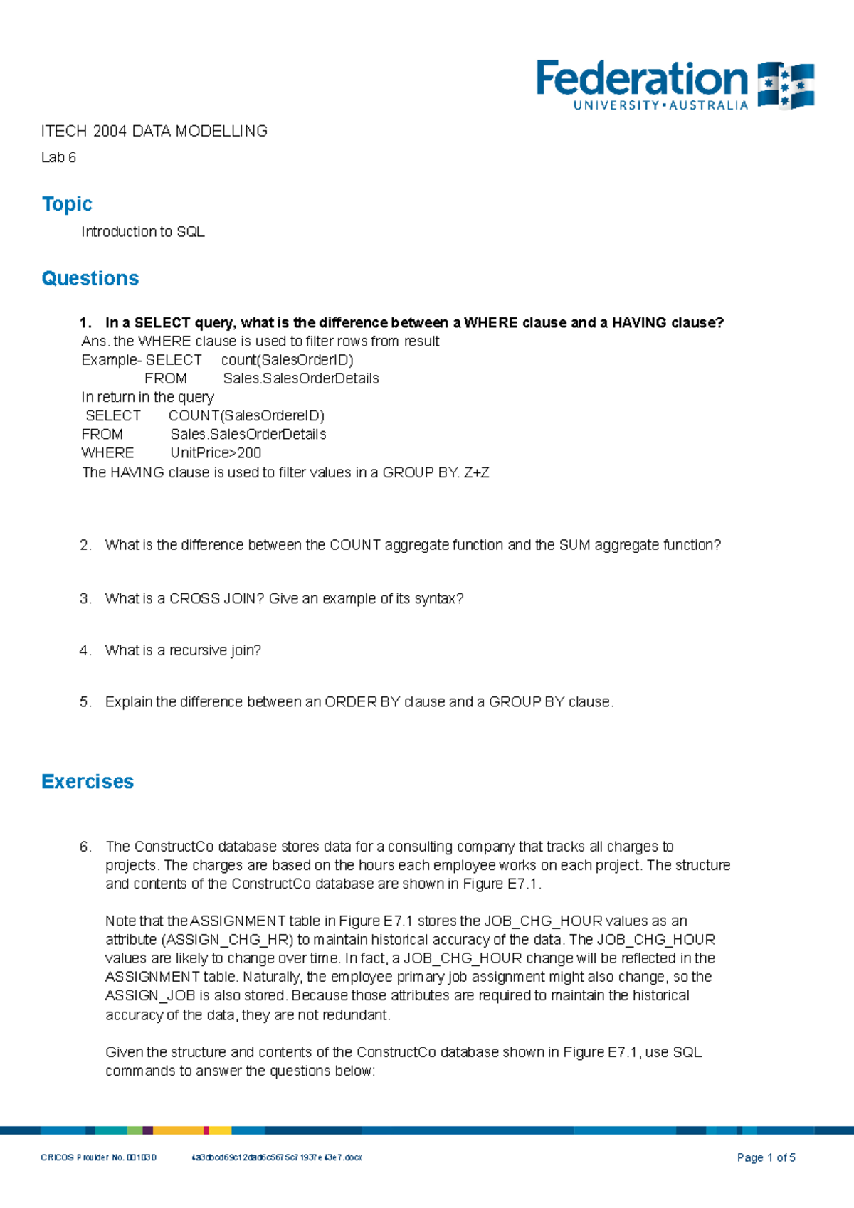 Itech2004 Lab2 Lab Itech 2004 Data Modelling Lab 6 Topic Introduction To Sql Questions 1 In