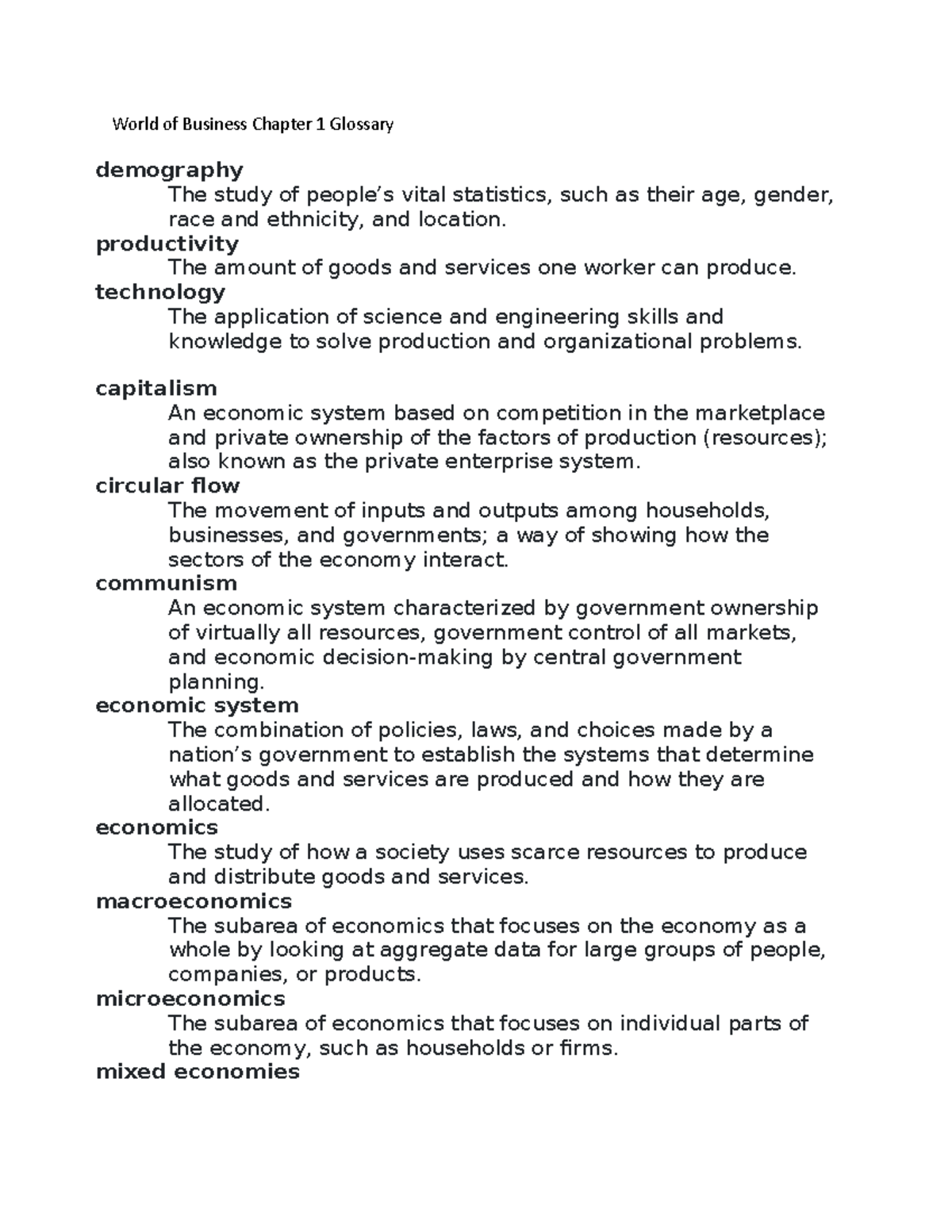World of Business Chapter 1 Glossary - Studocu