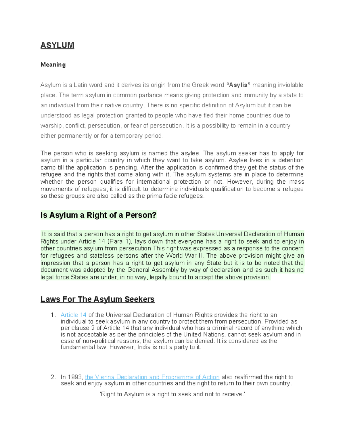 Asylum - Summary Public International Law - ASYLUM Meaning Asylum is a ...