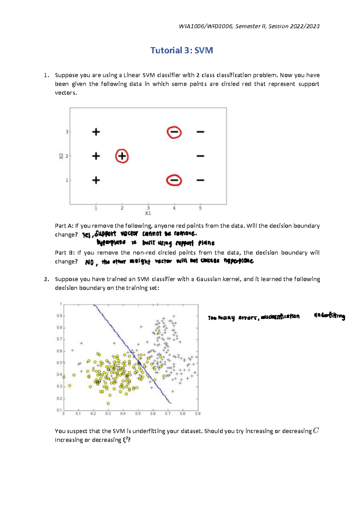 Tutorial 3 - WIA1006/WID3006, Semester II, Session 2022/ Tutorial 3: SVM 1. Suppose you are ...