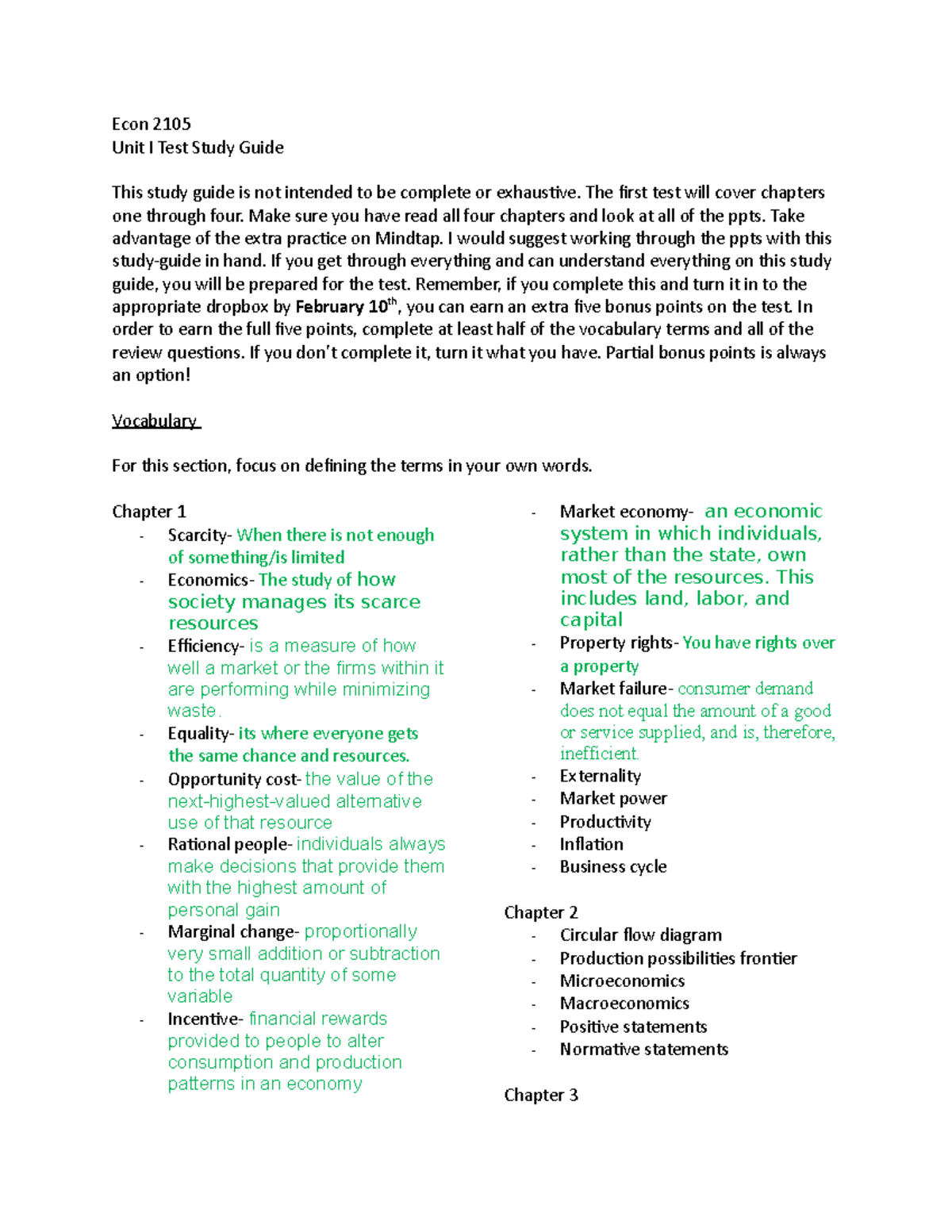 Unit I Study Guide (online) - Econ 2105 Unit I Test Study Guide This ...