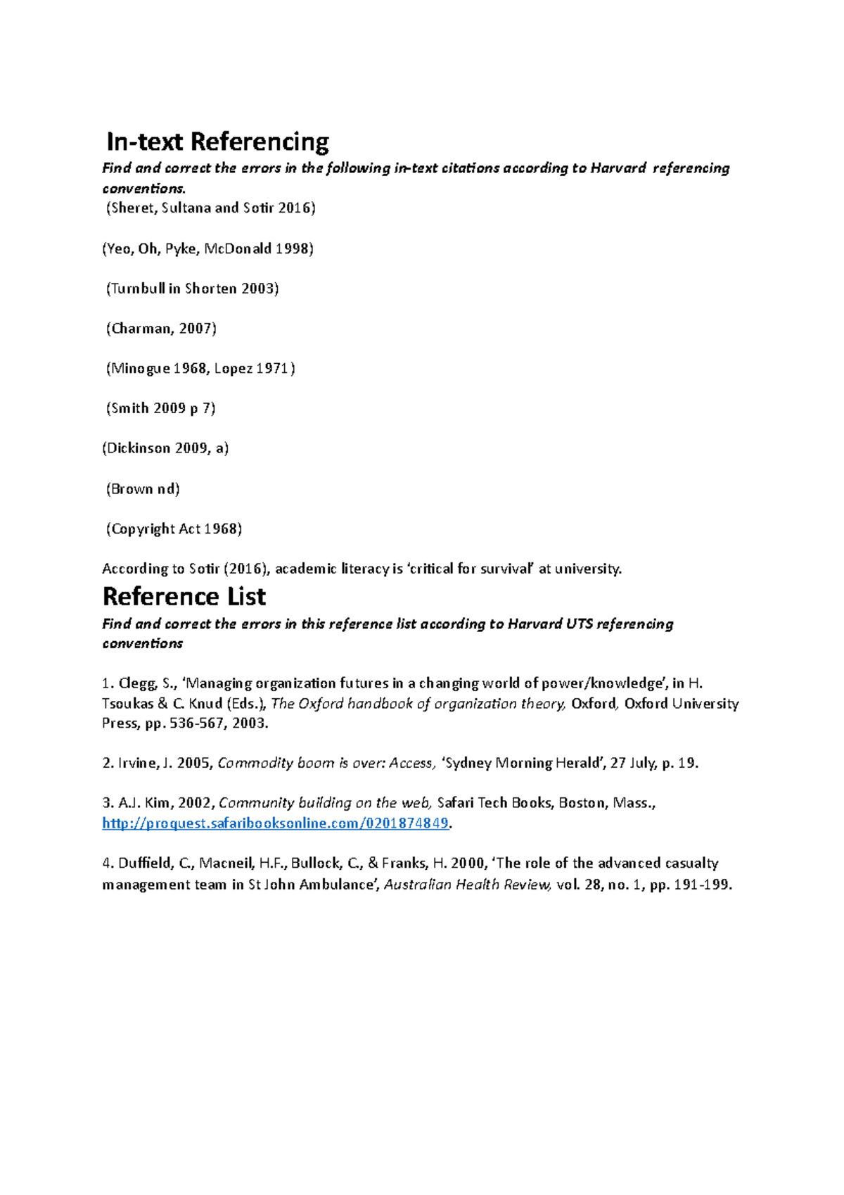 Referencing - In-text Referencing Find and correct the errors in the following in-text citations ...