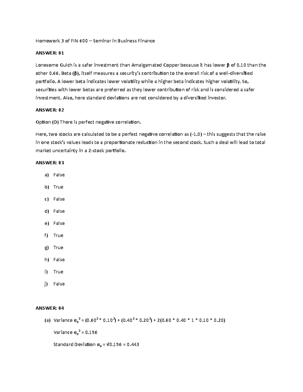 Homework 3 - Homework 3 of FIN 600 – Seminar in Business Finance ANSWER ...