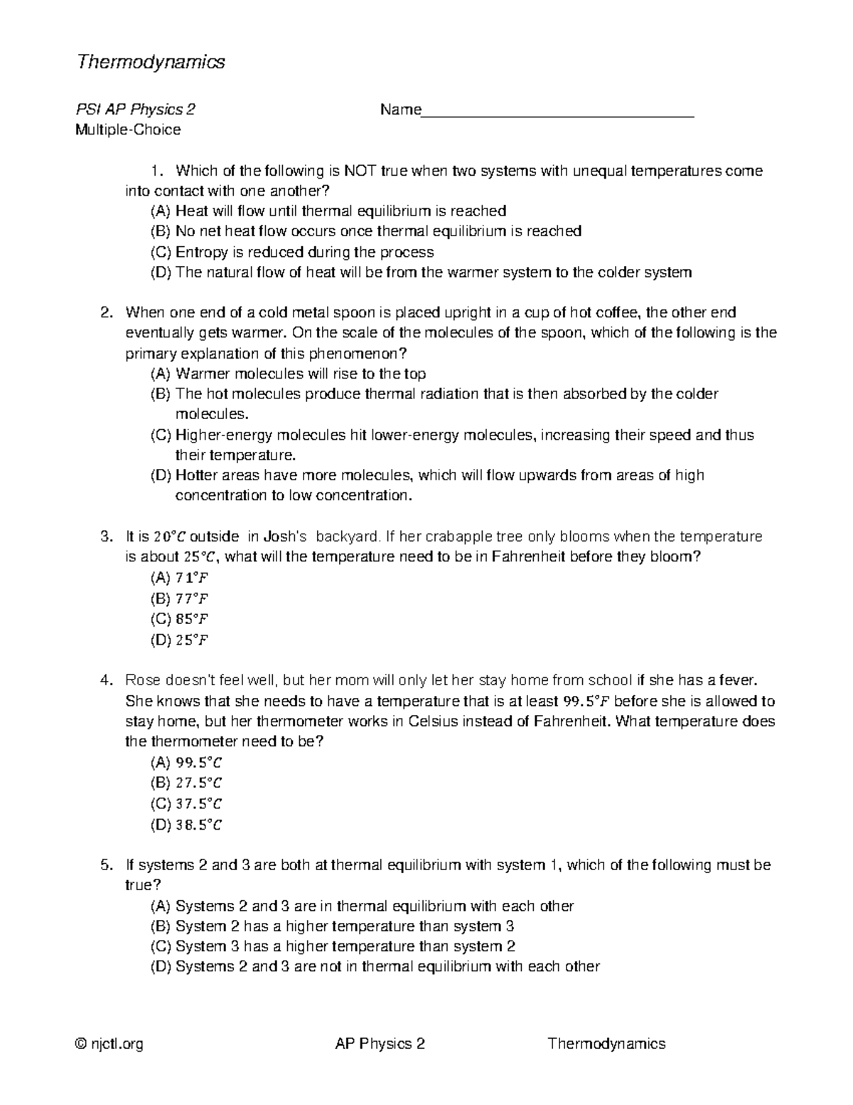 (K.O.Q) Thermodynamics Practice Problems 2 - PSI AP Physics 2 Name