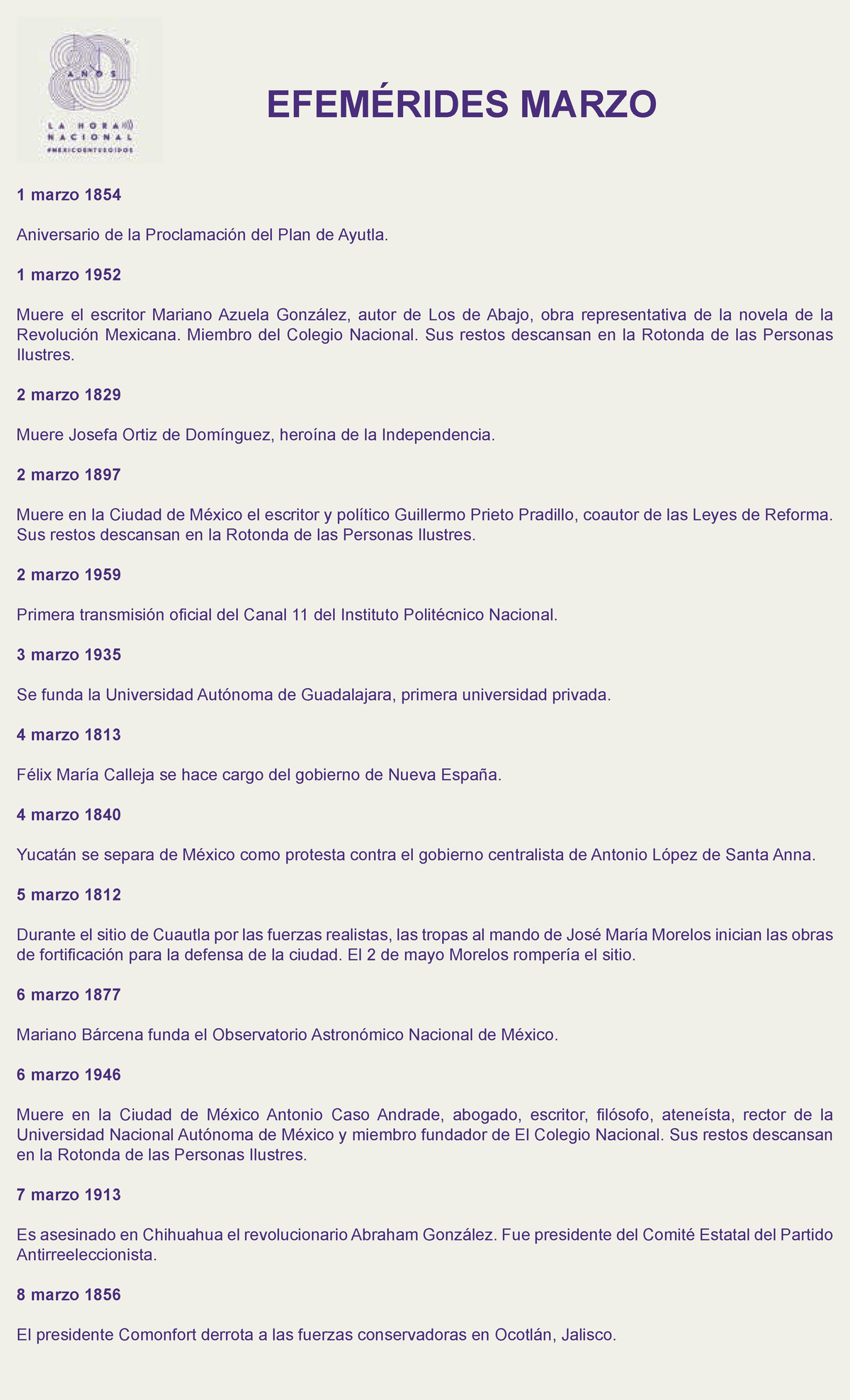 Efemerides Marzo - EFEMÉRIDES MARZO 1 marzo 1854 Aniversario de la Proclamación del Plan de ...