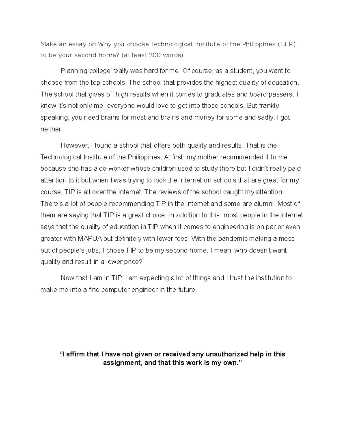 CPE 101 Essay - Make an essay on Why you choose Technological Institute ...