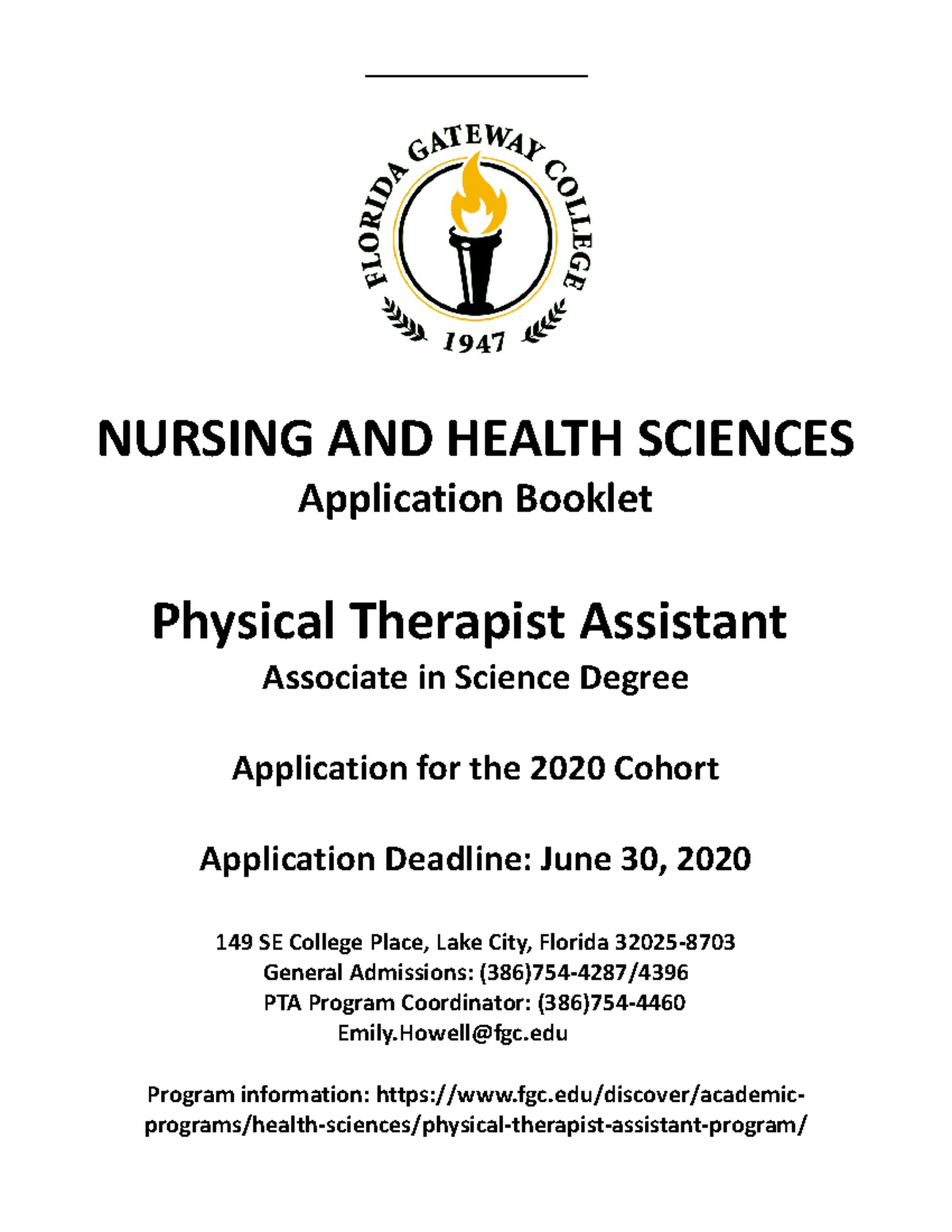 PTA-Application-Booklet 2020-1 2 - NURSING AND HEALTH SCIENCES ...