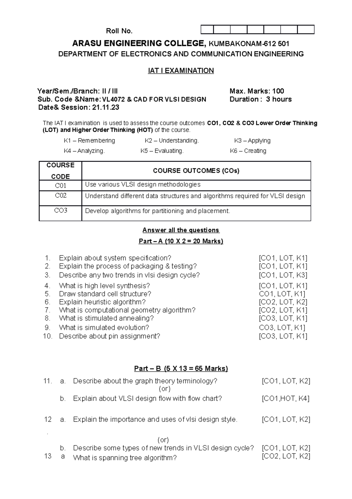 CAD FOR VLSI Design - Roll No. ARASU ENGINEERING COLLEGE, KUMBAKONAM ...