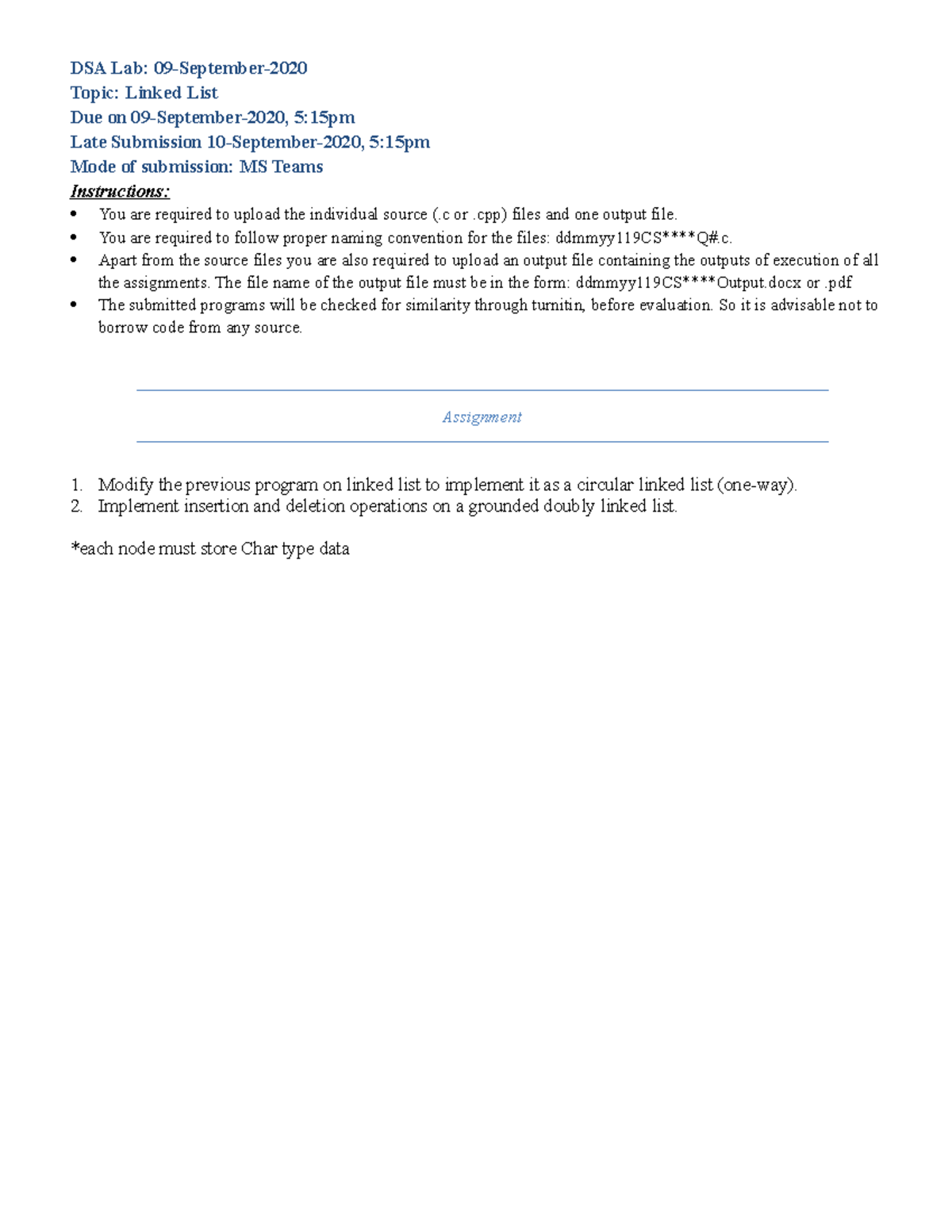 Lab5 Assignment - Linked List - DSA Lab: 09-September- Topic: Linked List Due on 09-September ...