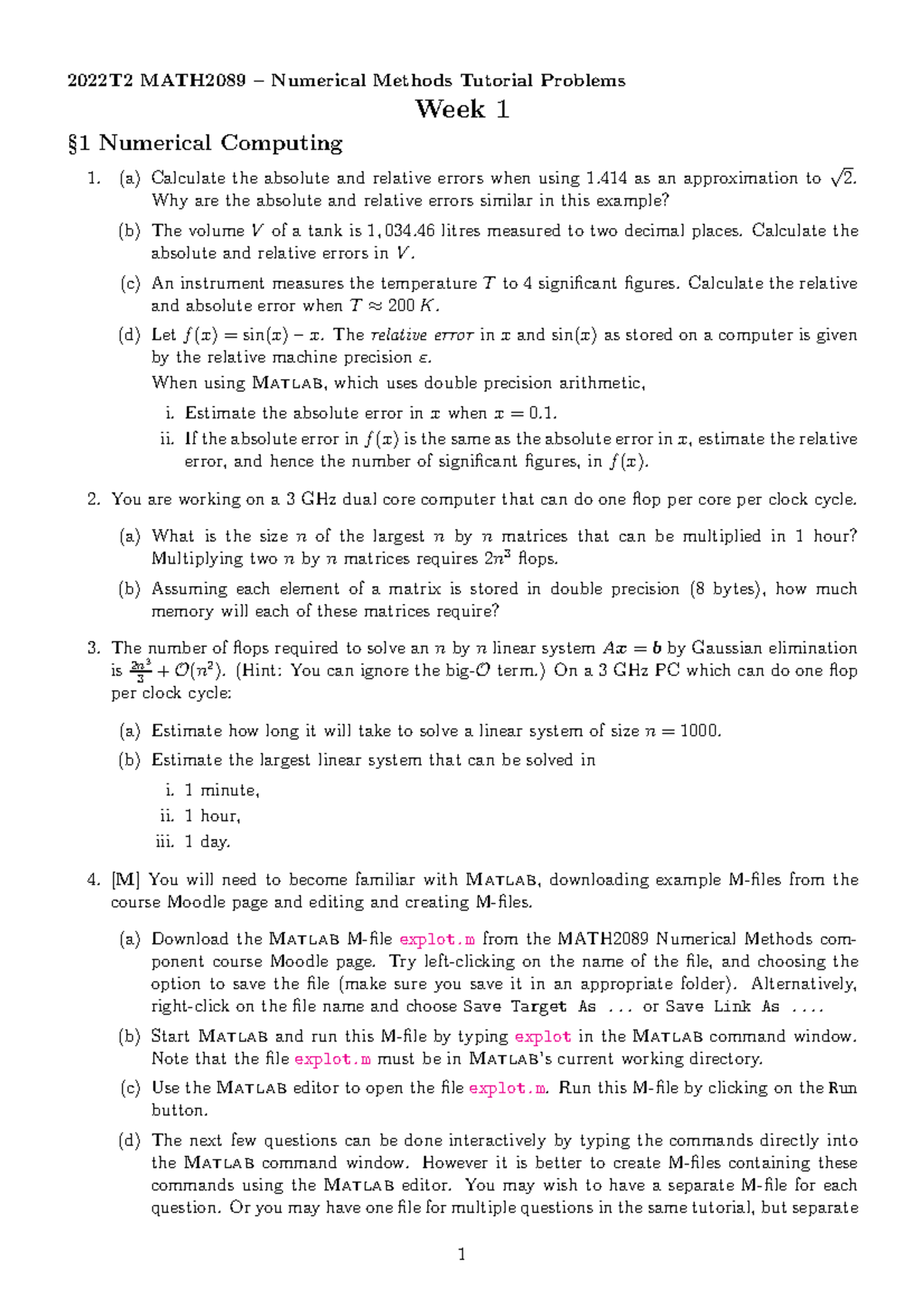 MATH2089 NM Tutorial Problems - 2022T2 MATH2089 – Numerical Methods Tutorial Problems Week 1 §1 ...