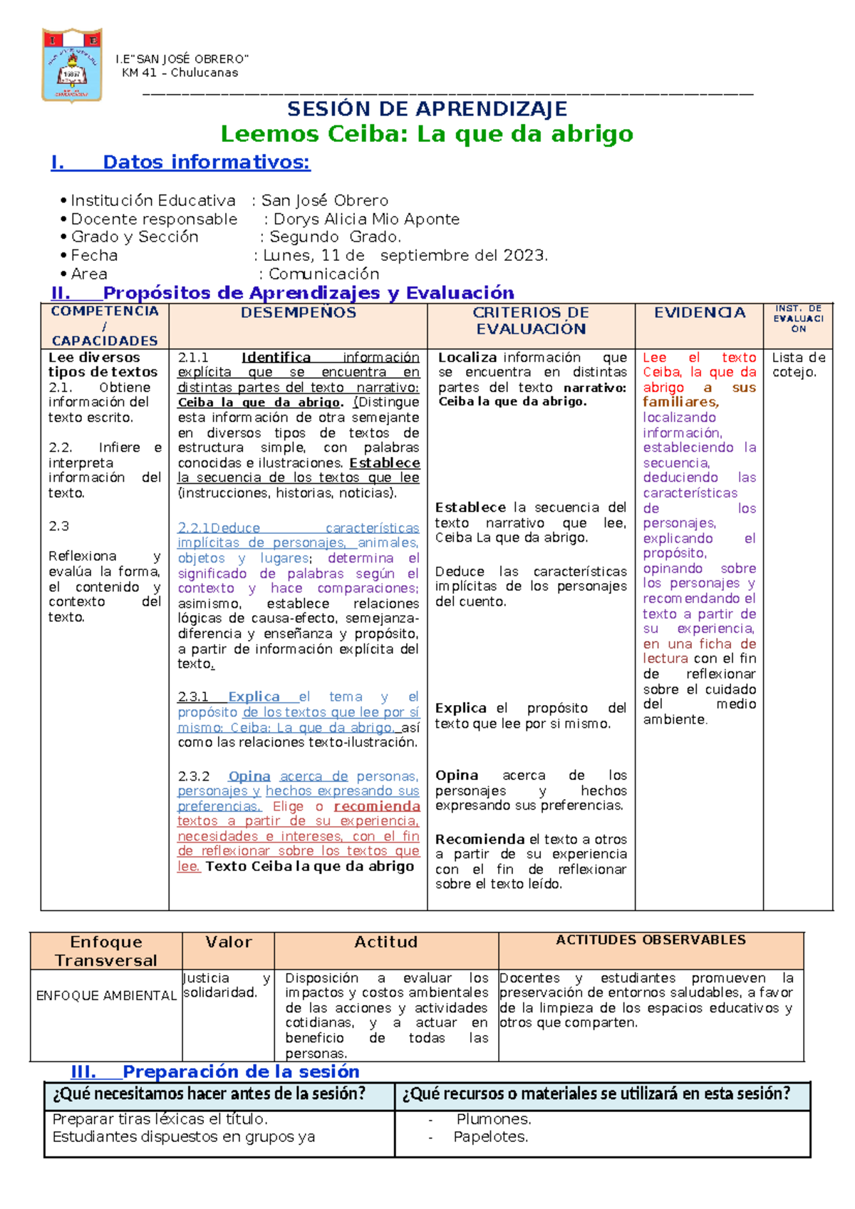 Leemos UN Cuento Ceiba LA QUE DA Abrigo - SESIÓN DE APRENDIZAJE Leemos Ceiba: La que da abrigo I ...