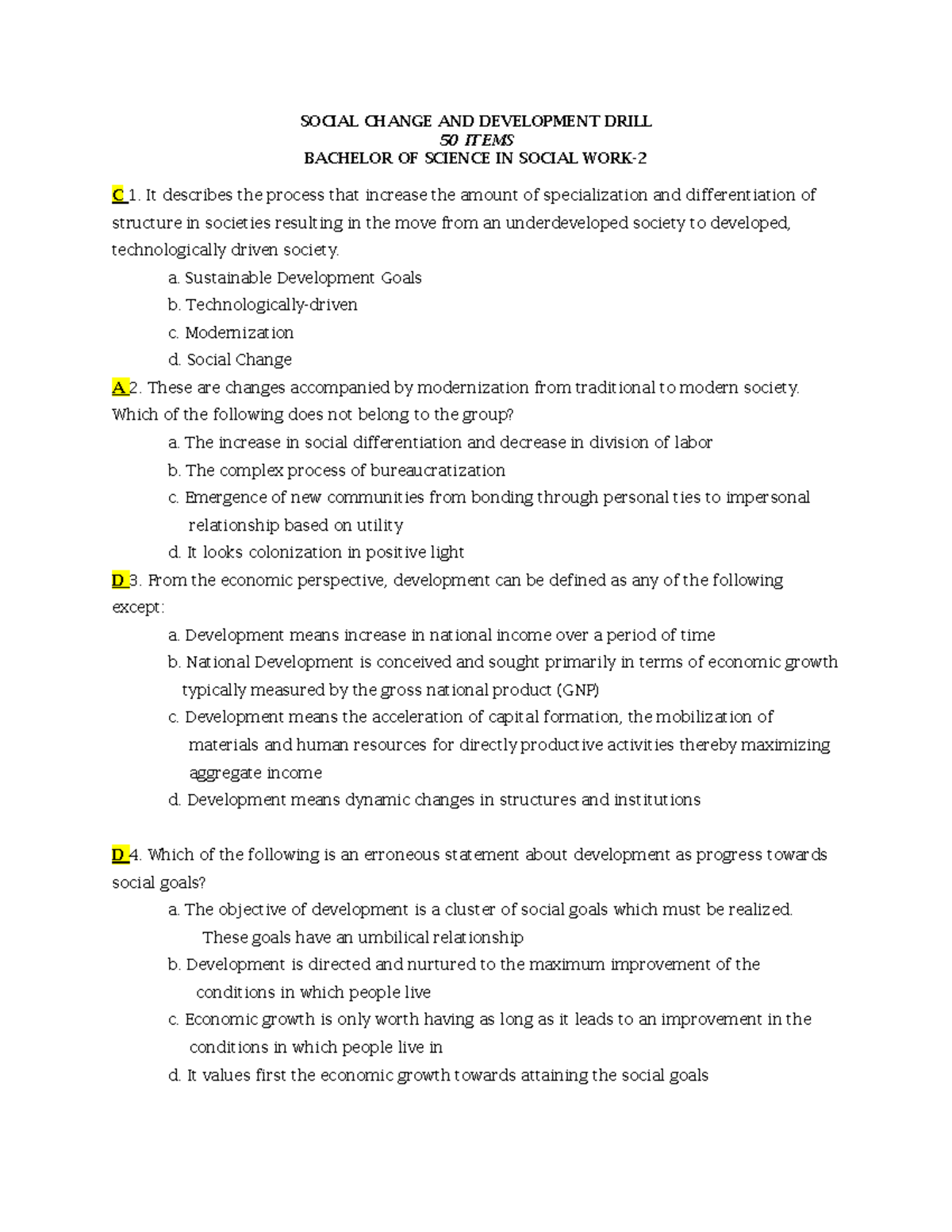Social Change and Development Drill 50 items - SOCIAL CHANGE AND ...