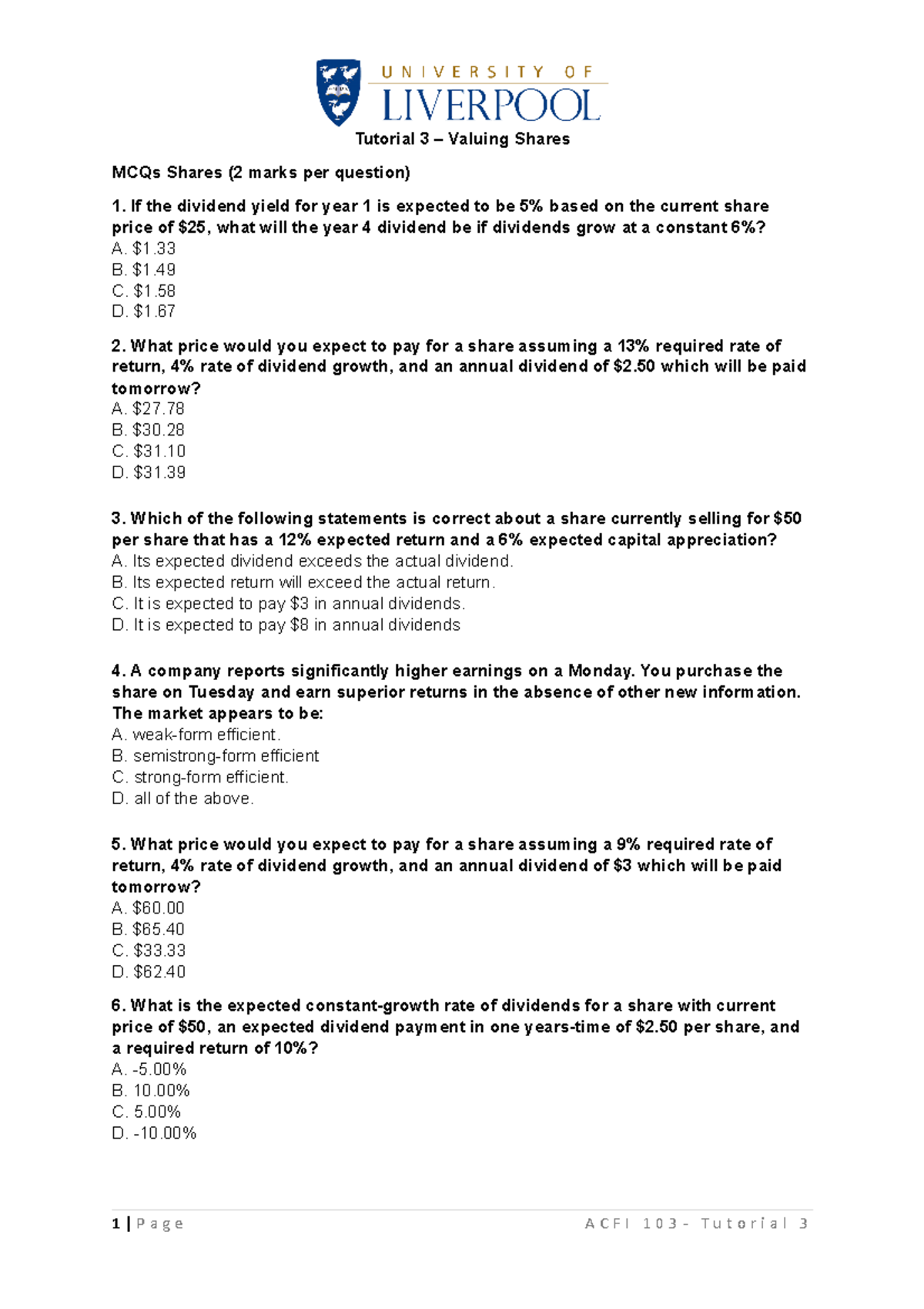 Tutorial 3 questions and solutions 2020 - Tutorial 3 – Valuing Shares ...