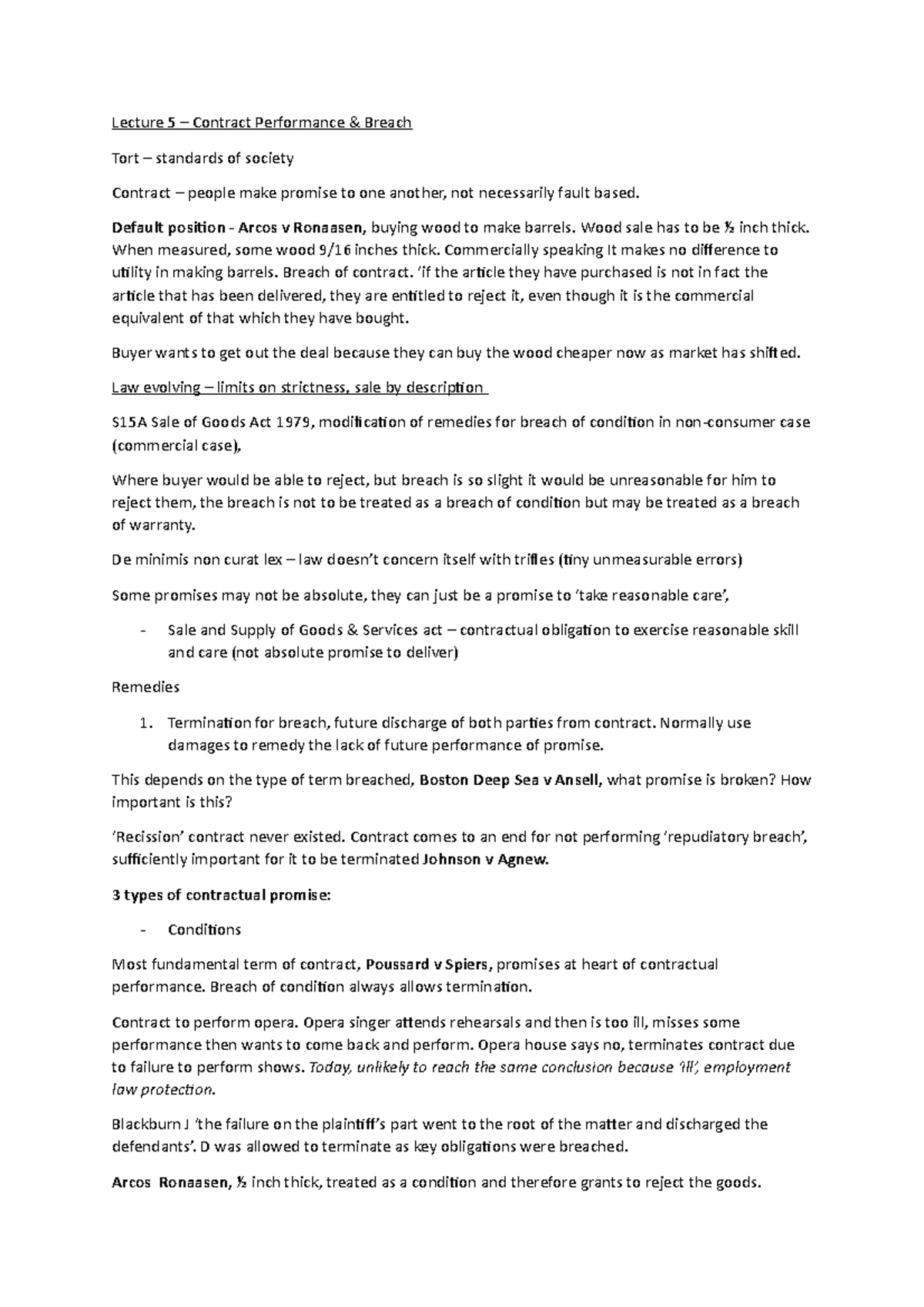 Lecture 5 - Contract Performance & Breach - Lecture 5 – Contract Performance & Breach Tort ...