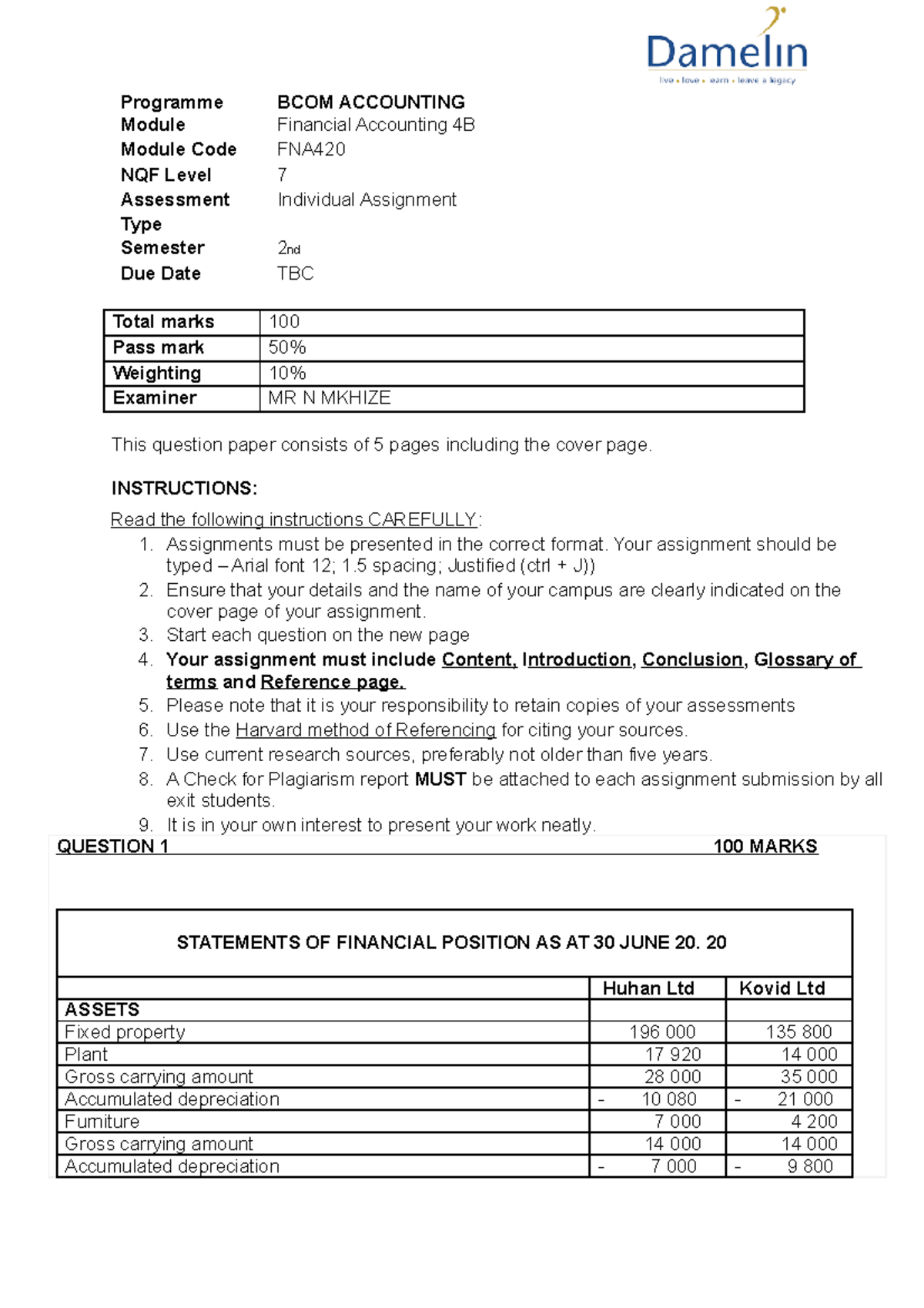 FNA420 - 2021 Assignment 1 - Programme BCOM ACCOUNTING Module Financial ...