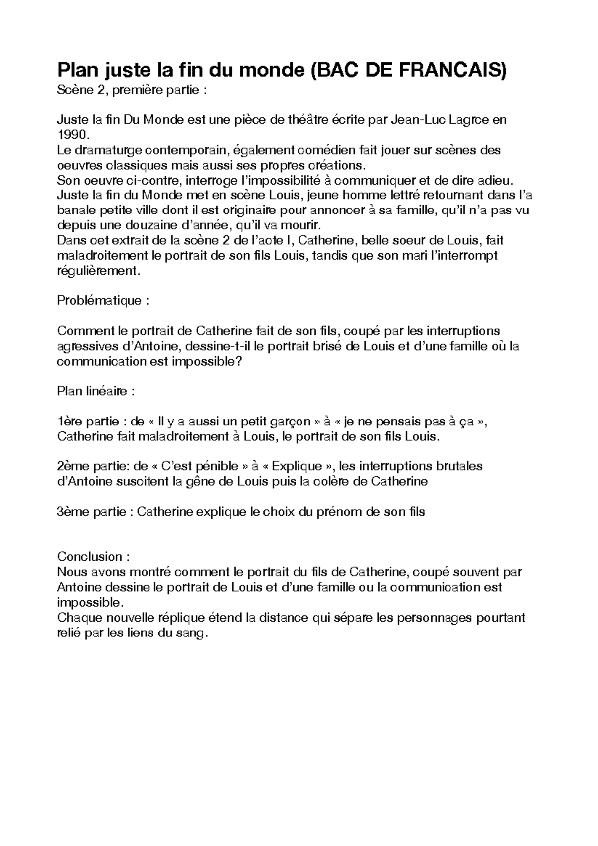 Intro Juste La Fin du Monde Scène 2 - Plan juste la fin du monde (BAC ...