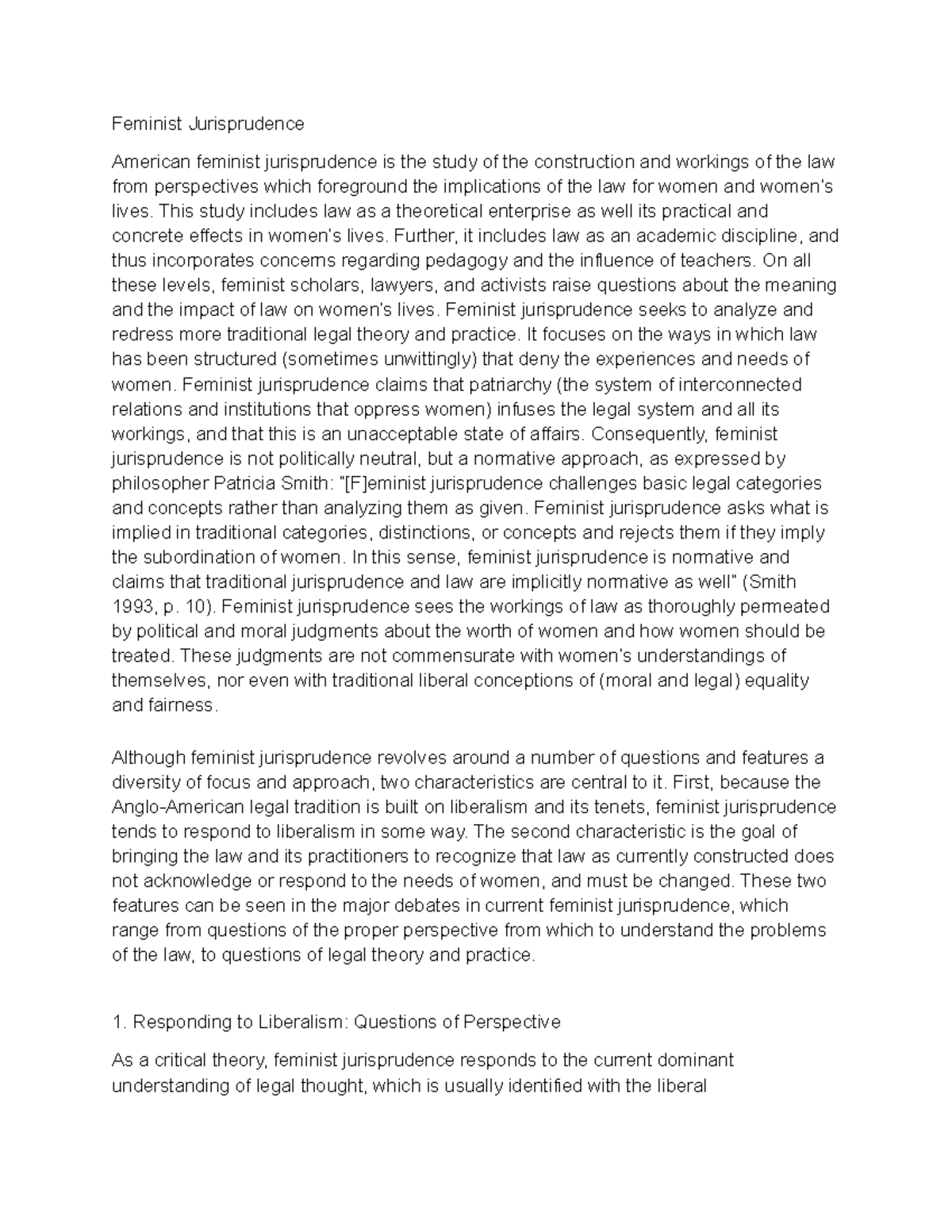 Phil of Law Notes Assignment Summary #18 - Feminist Jurisprudence ...