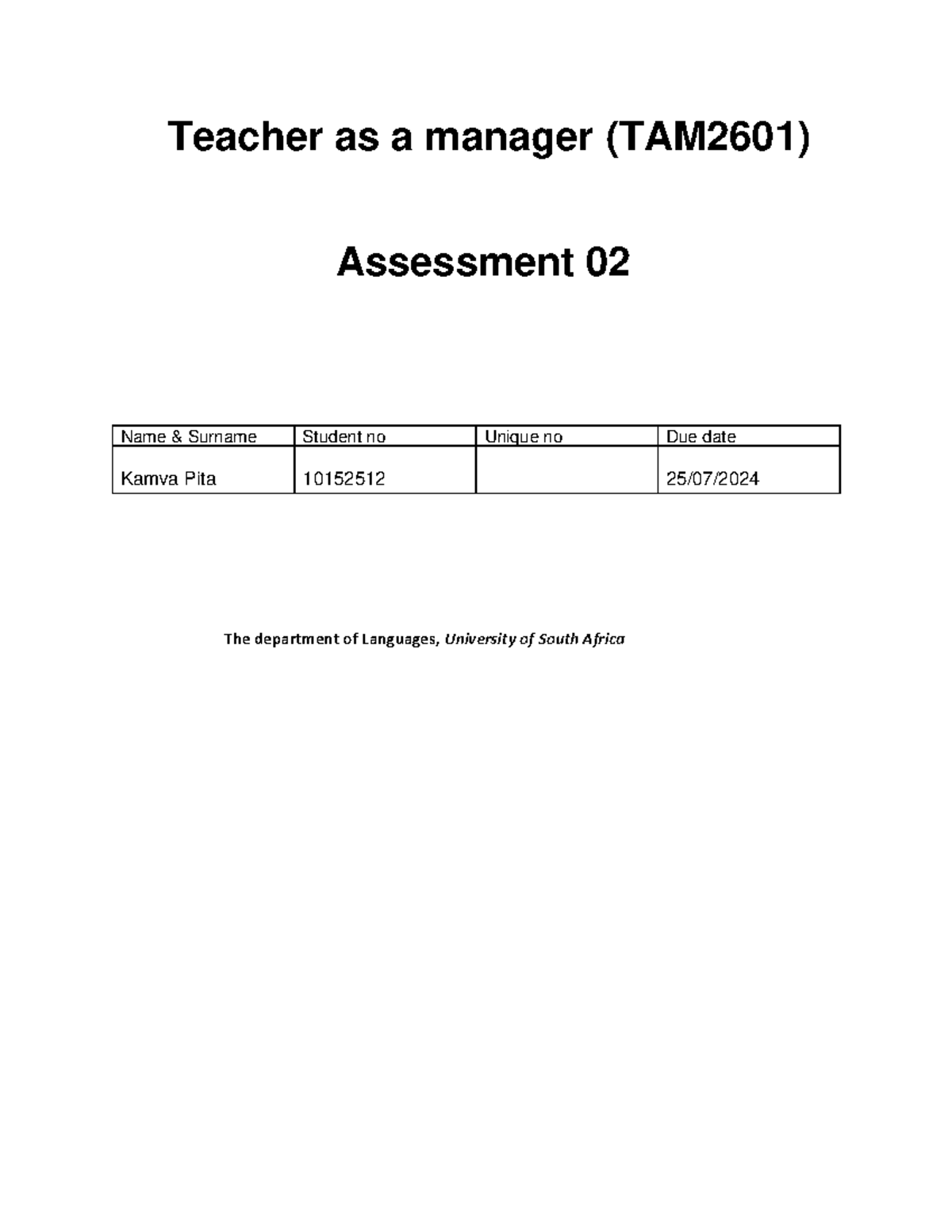 Teacher as a manager - prescribed book - Teacher as a manager (TAM 2601 ...
