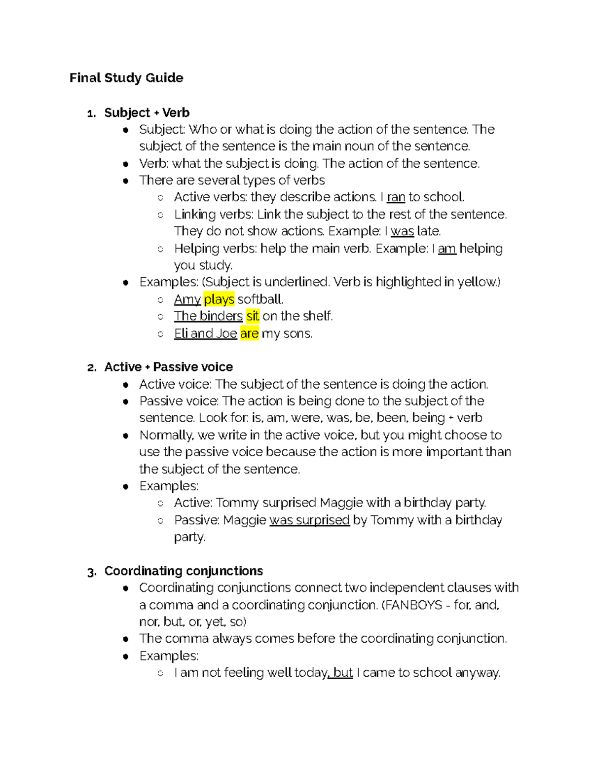 Final Study guide - Grammer notes (basic) - Final Study Guide Subject ...