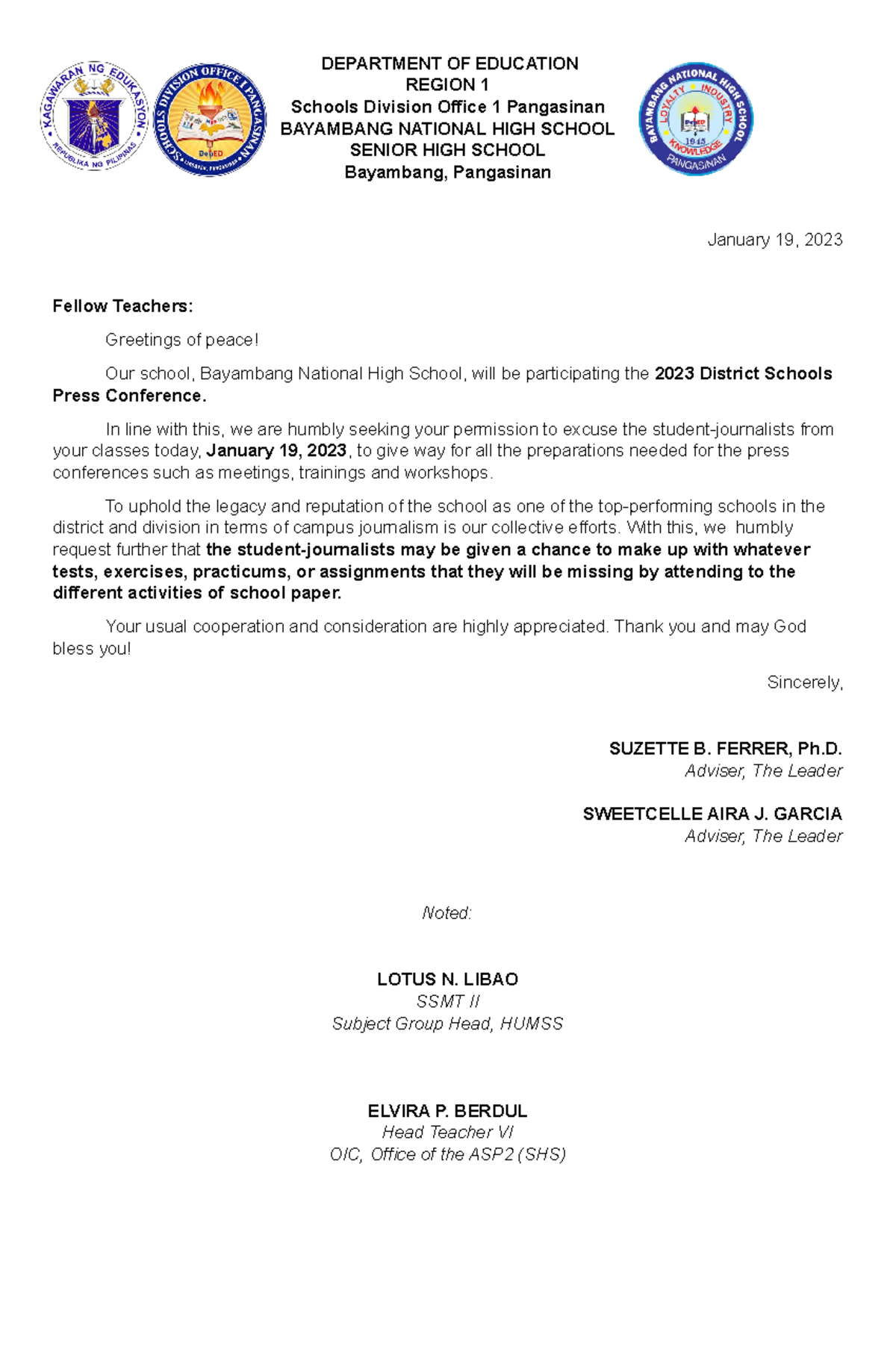 Excuse-letter-jann19 - DEPARTMENT OF EDUCATION REGION 1 Schools ...