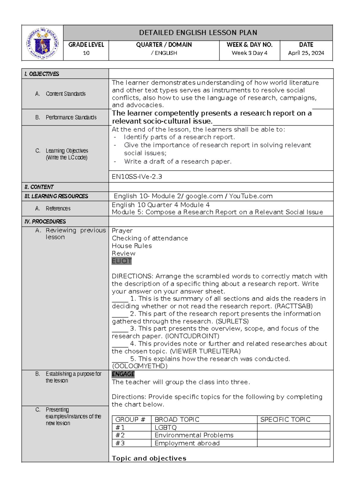 Final DEMO - for internship - DETAILED ENGLISH LESSON PLAN GRADE LEVEL ...