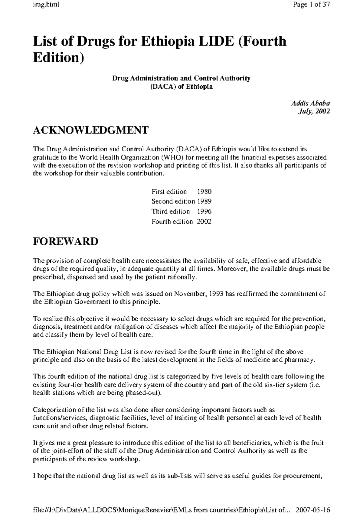 EDL Ethiopia 2002 - List of Drugs for Ethiopia LIDE (Fourth Edition ...