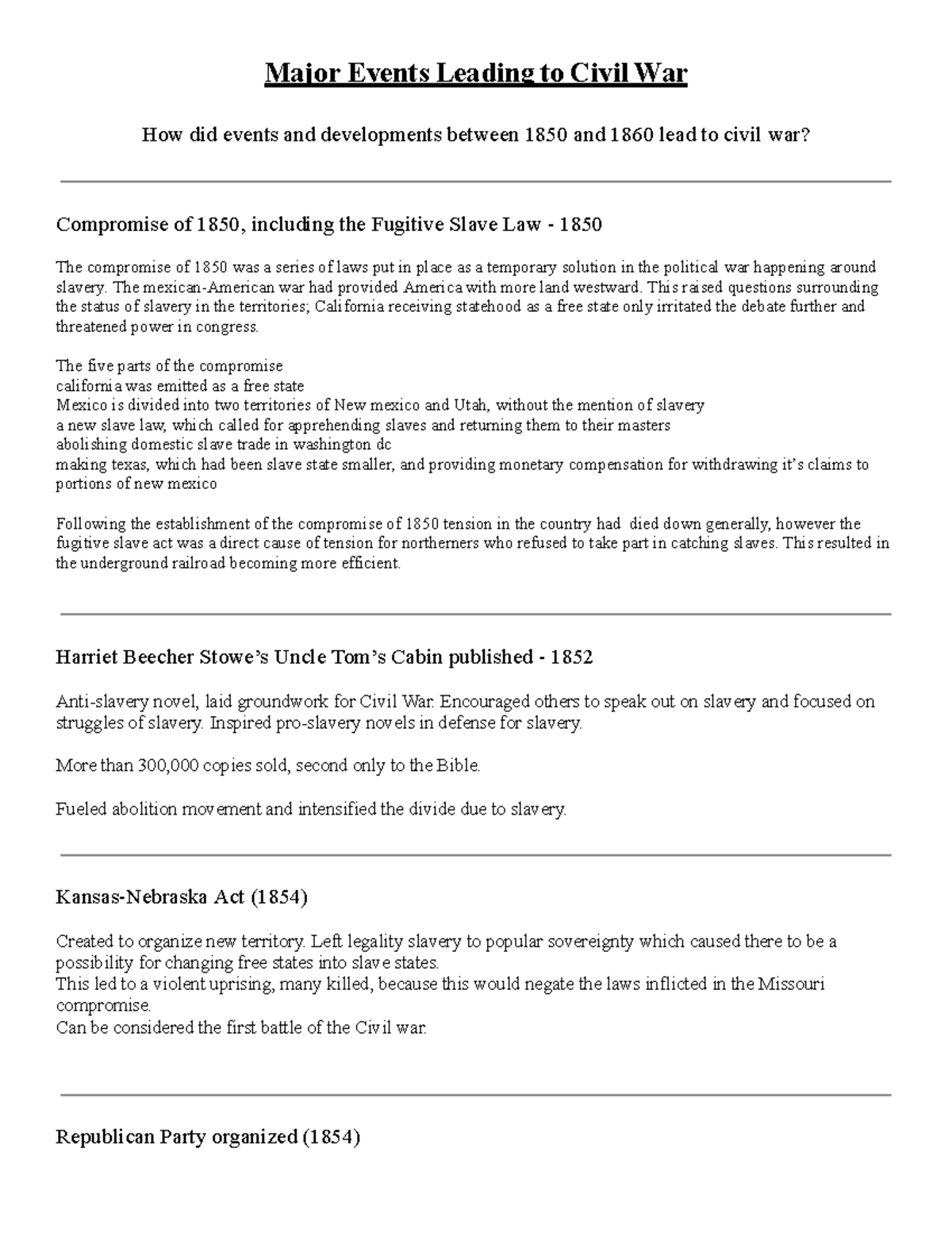 Causes of the Civil War - Major Events Leading to Civil War How did ...