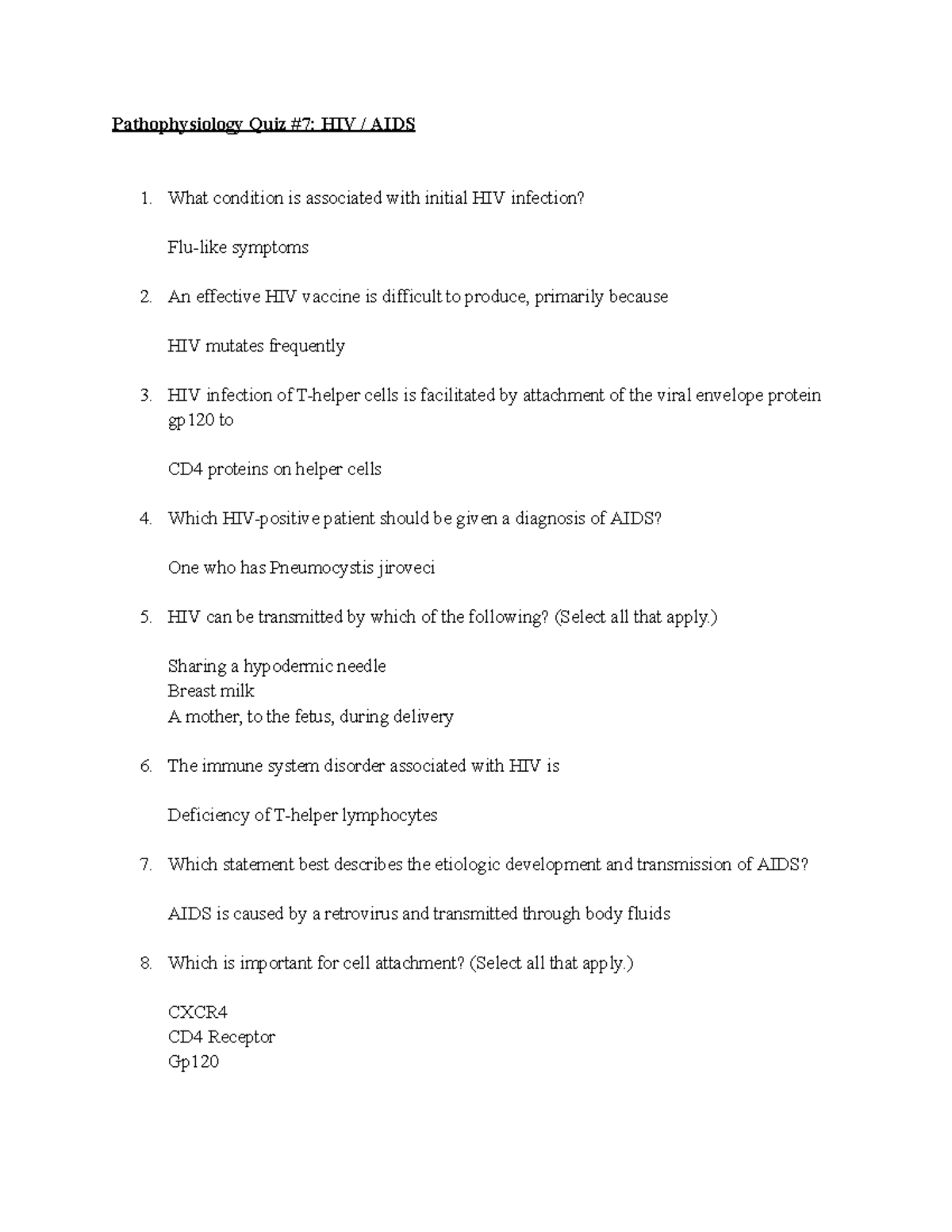 PATHO- HIV and AIDS Quiz 7 - Pathophysiology Quiz #7: HIV / AIDS What ...