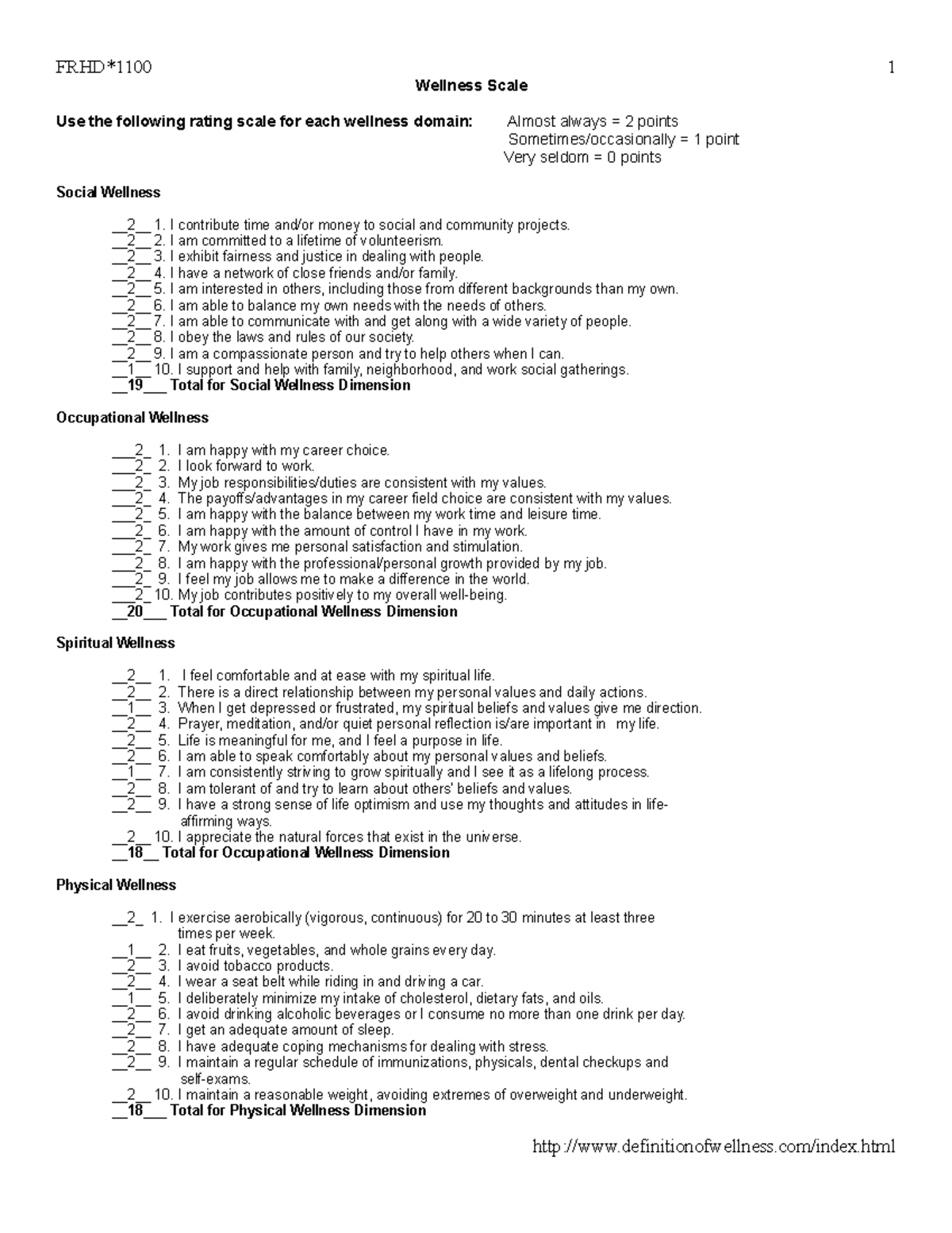 Wellness Inventory Completed - FRHD* Wellness Scale Use the following ...