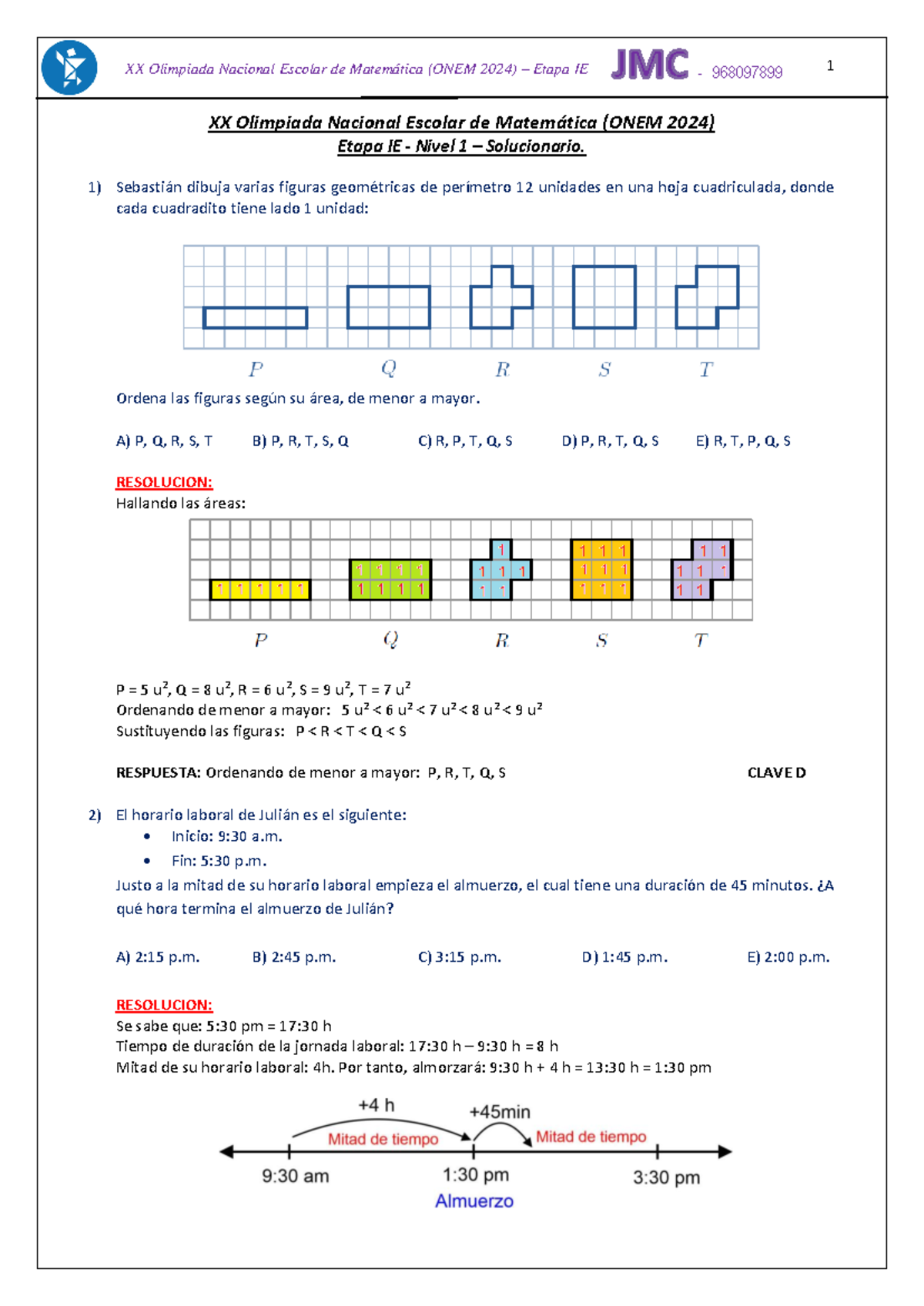 Solucionario ONEM 2024 N1 - Etapa IE - XX Olimpiada Nacional Escolar de Matemática (ONEM 20 24 ...