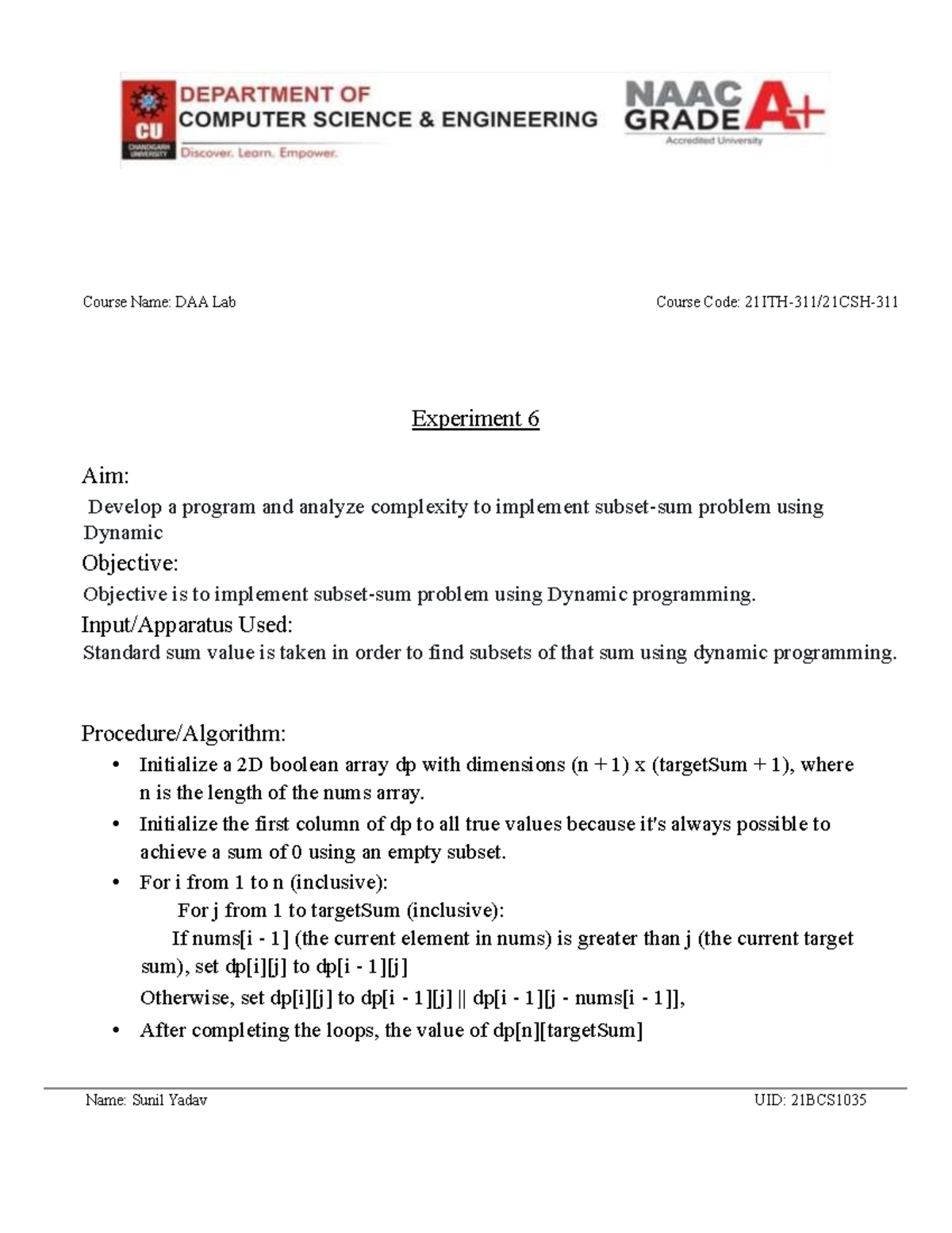 6 DAA 21BCS1035 - Course Name: DAA Lab Course Code: 21ITH-311/21CSH- 311 Experiment 6 Aim ...