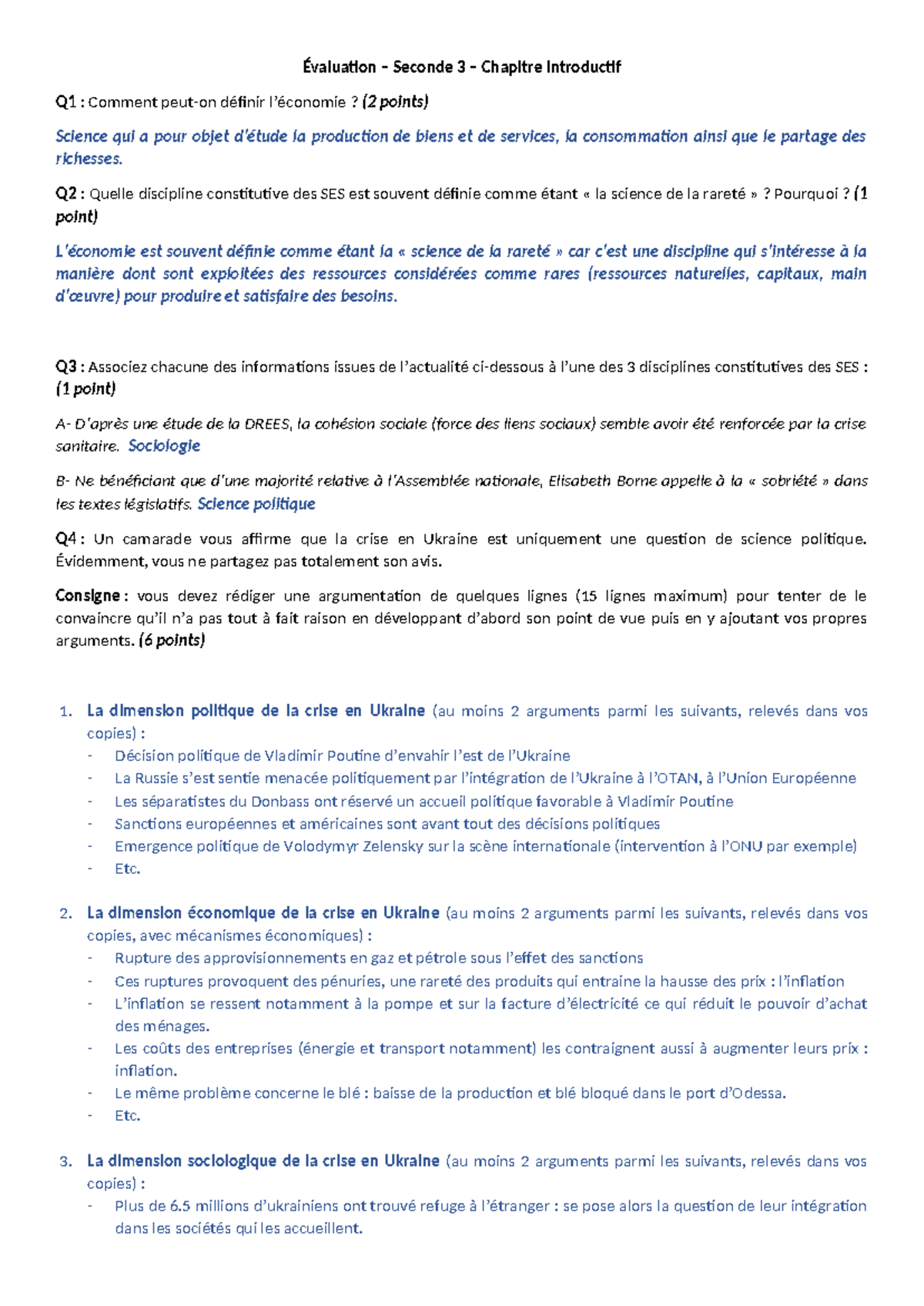 Evaluation 2022 203 - Correction - Évaluation – Seconde 3 – Chapitre introductif Q1 : Comment ...