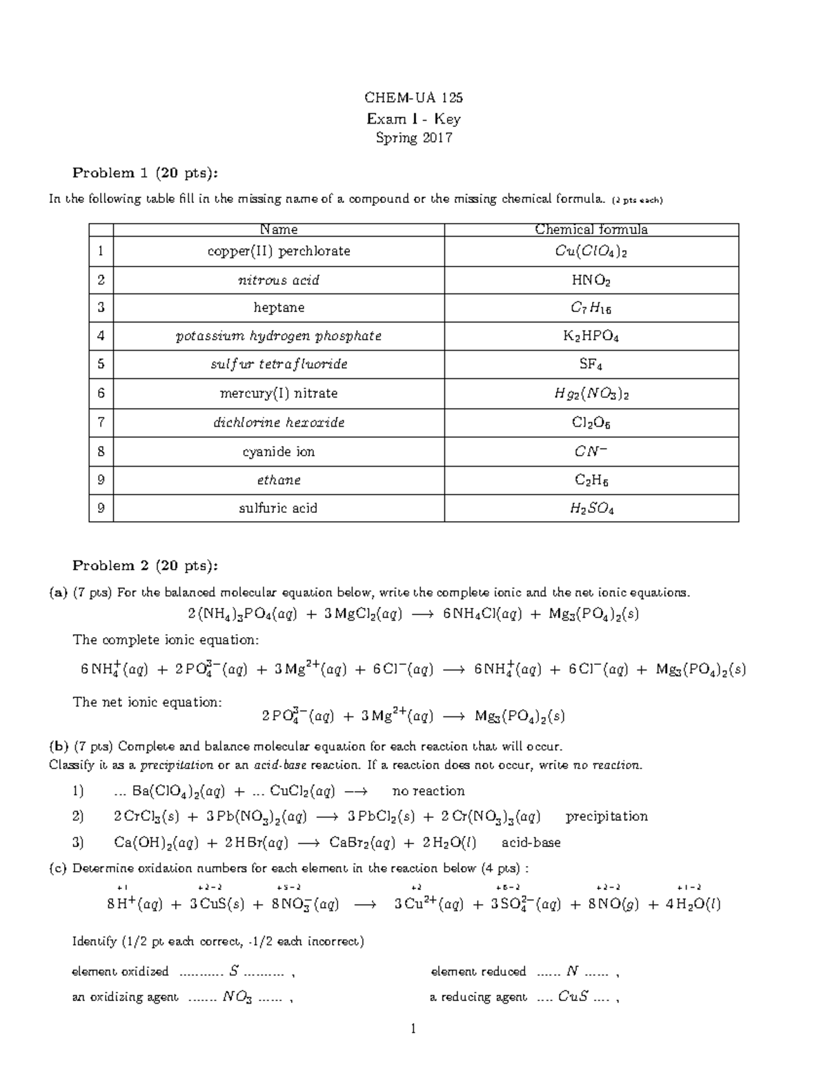 Exam 1-S18-answers-KEY - Copy - CHEM-UA 125 Exam I - Key Spring 2017 ... Exam 1-S18-answers-KEY - Copy - CHEM-UA 125 Exam I - Key Spring 2017 ...