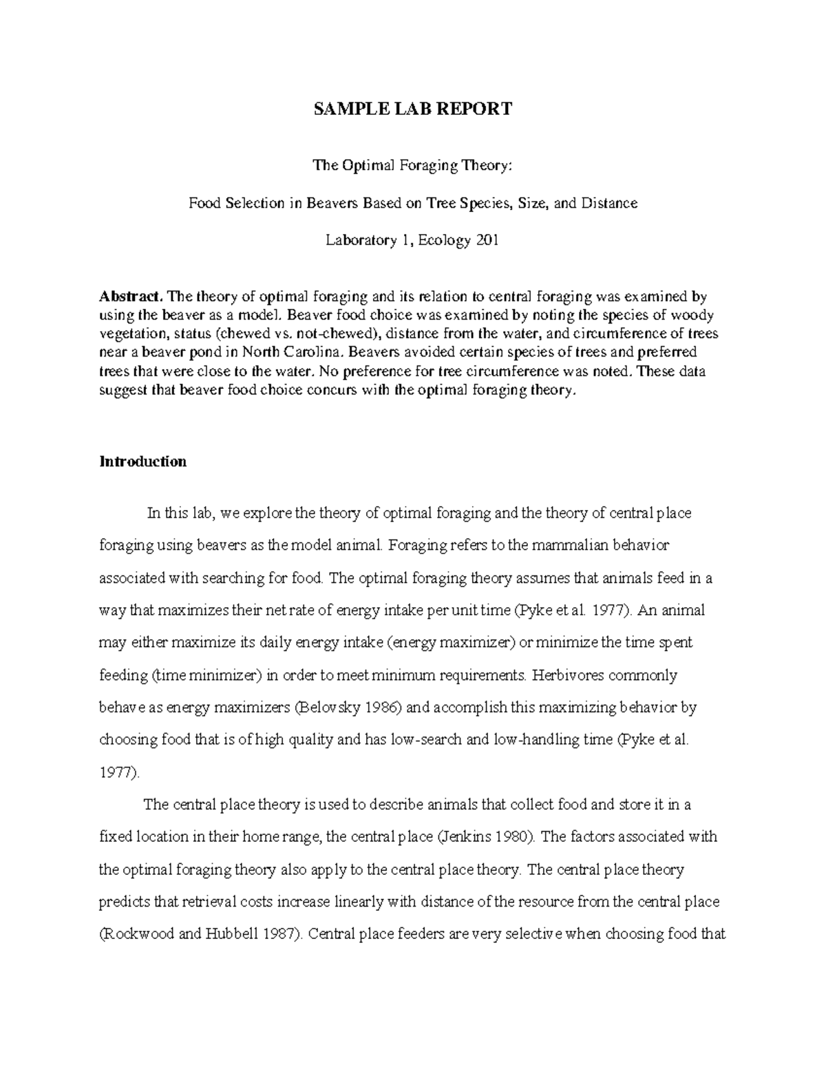 Sample LAB Report-Ecology (1) - SAMPLE LAB REPORT The Optimal Foraging Theory: Food Selection in ...