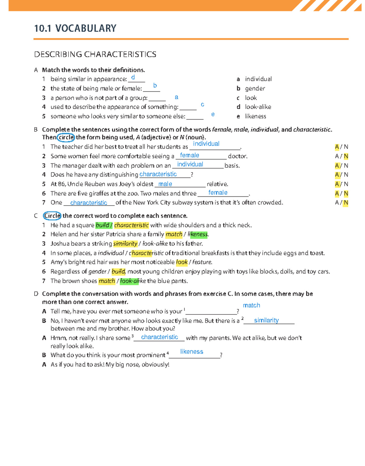 Evolve 5 Lesson Plan 10 Handout 1 - DESCRIBING CHARACTERISTICS A Match ...