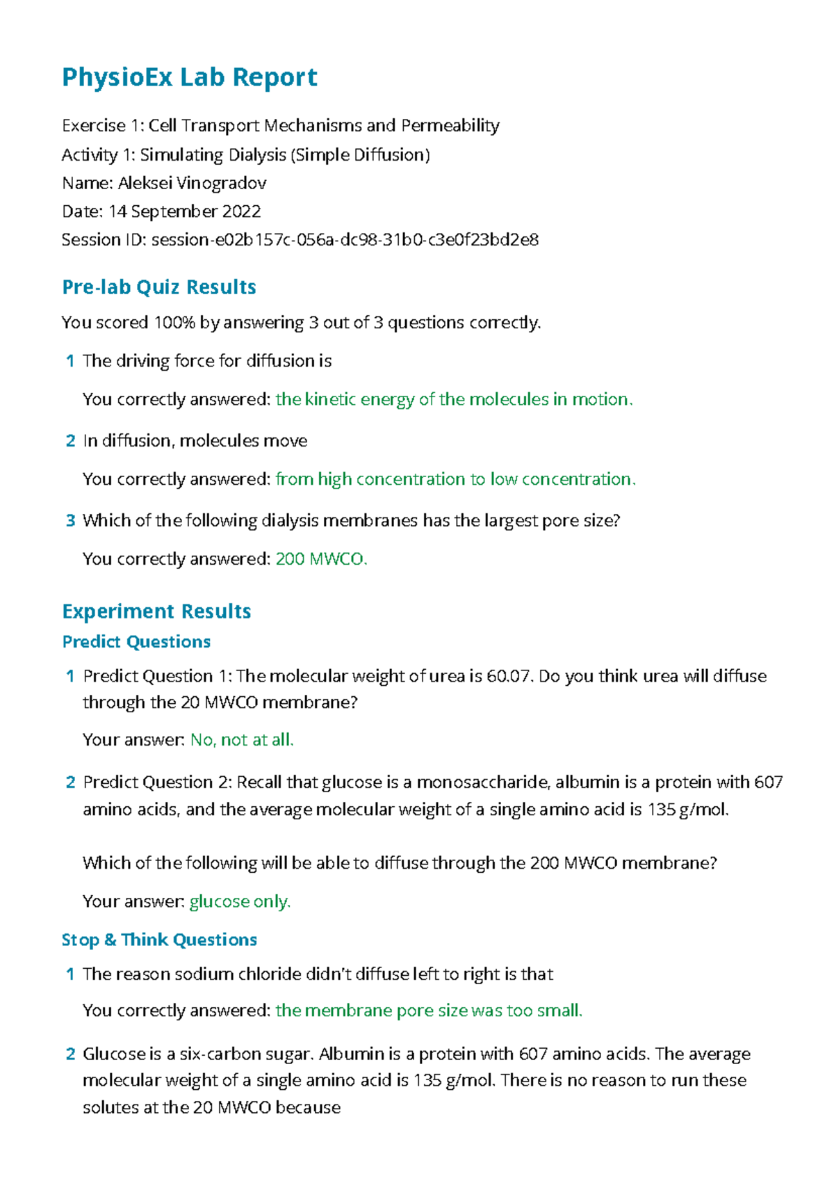Physio Ex Exercise 1 Activity 1 - PhysioEx Lab Report Exercise 1: Cell ...