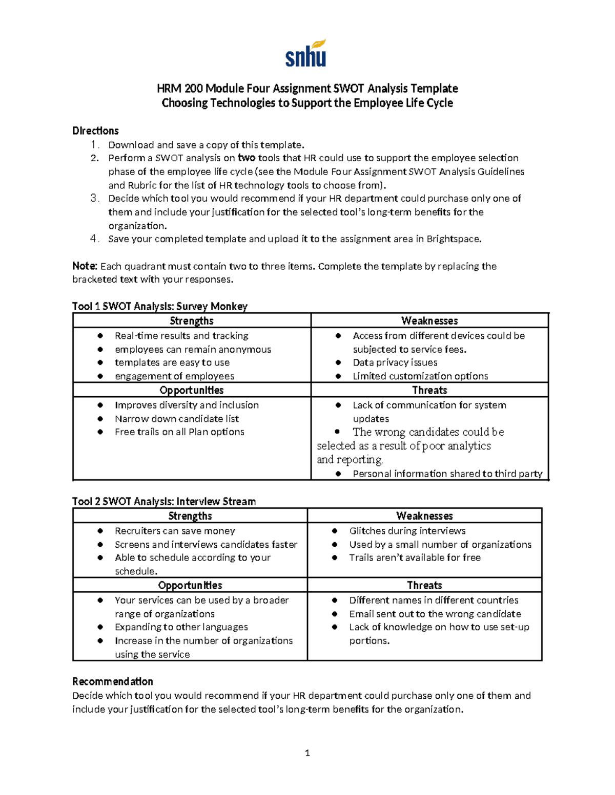 Hrm 200 Module Four Assignment Swot Analysis Template Download And Save A Copy Of This