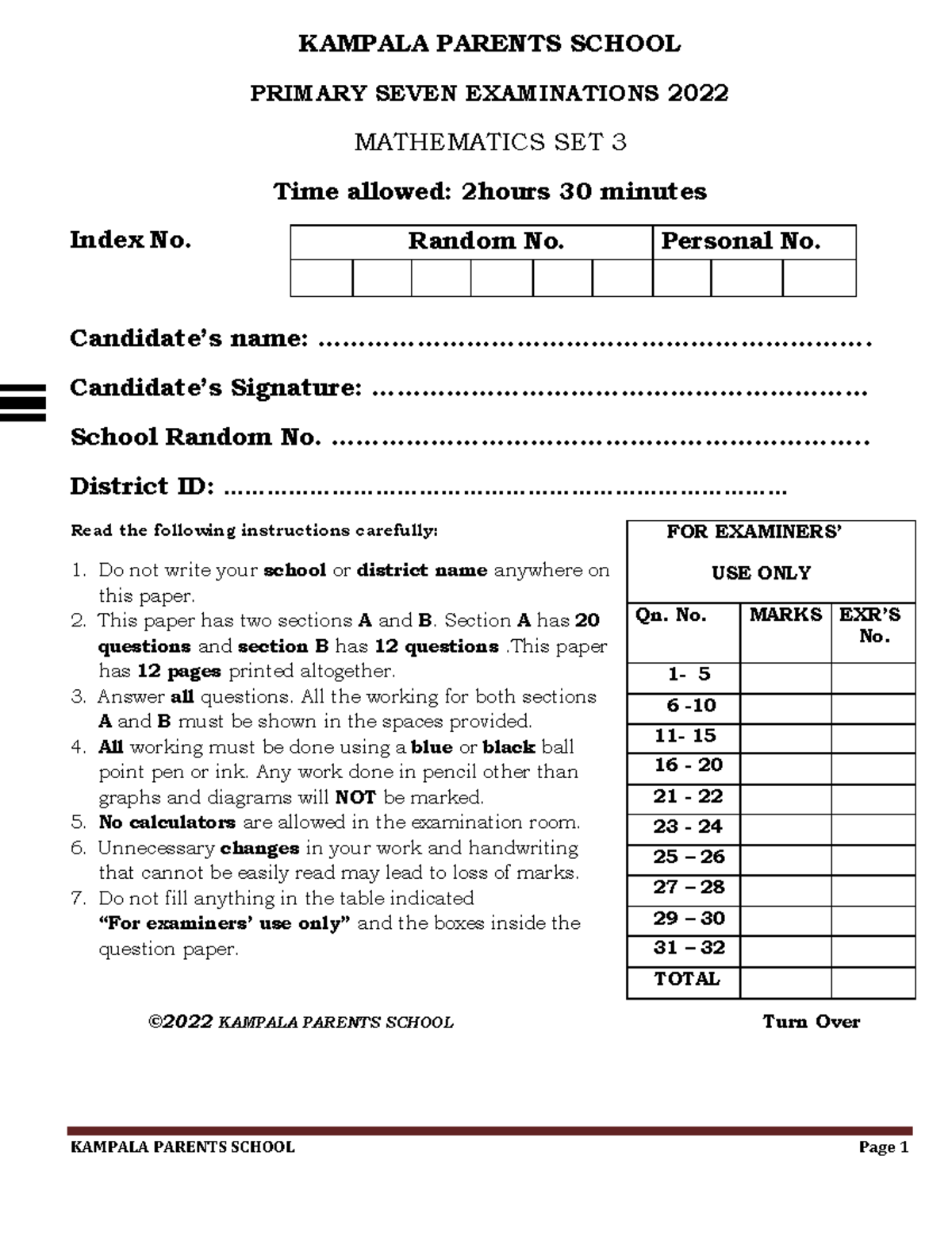 P.7 DEC Exams SET 3 - KAMPALA PARENTS SCHOOL PRIMARY SEVEN EXAMINATIONS ...
