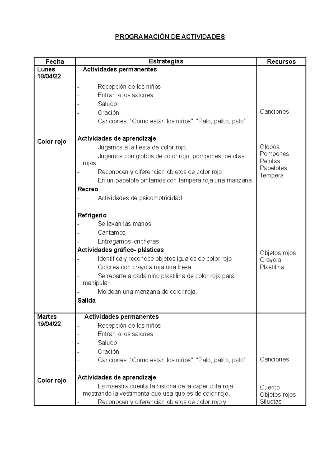 18 al 22 DE Abril color rojo - PROGRAMACIÓN DE ACTIVIDADES Fecha ...