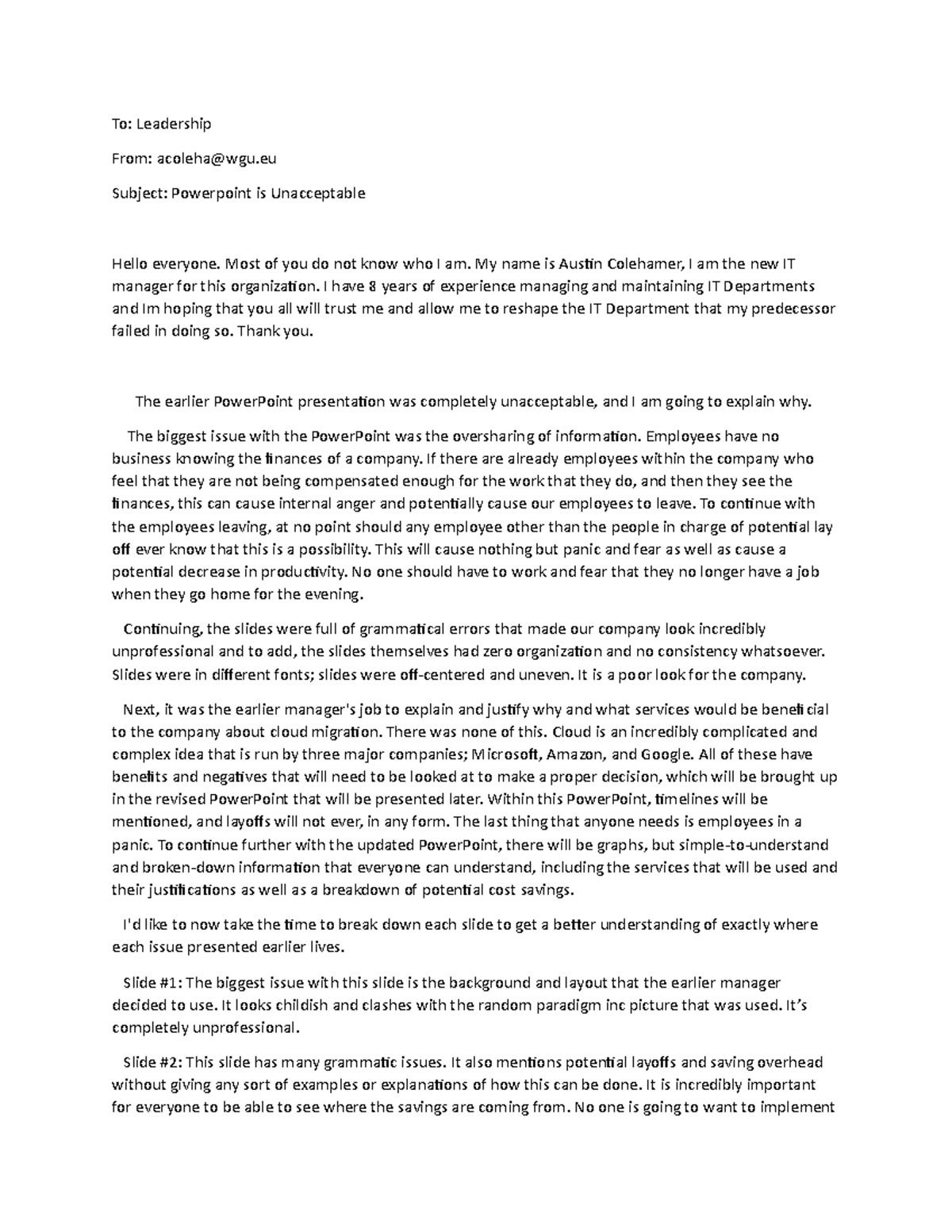 Email Critque - Final - To: Leadership From: acoleha@wgu Subject ...